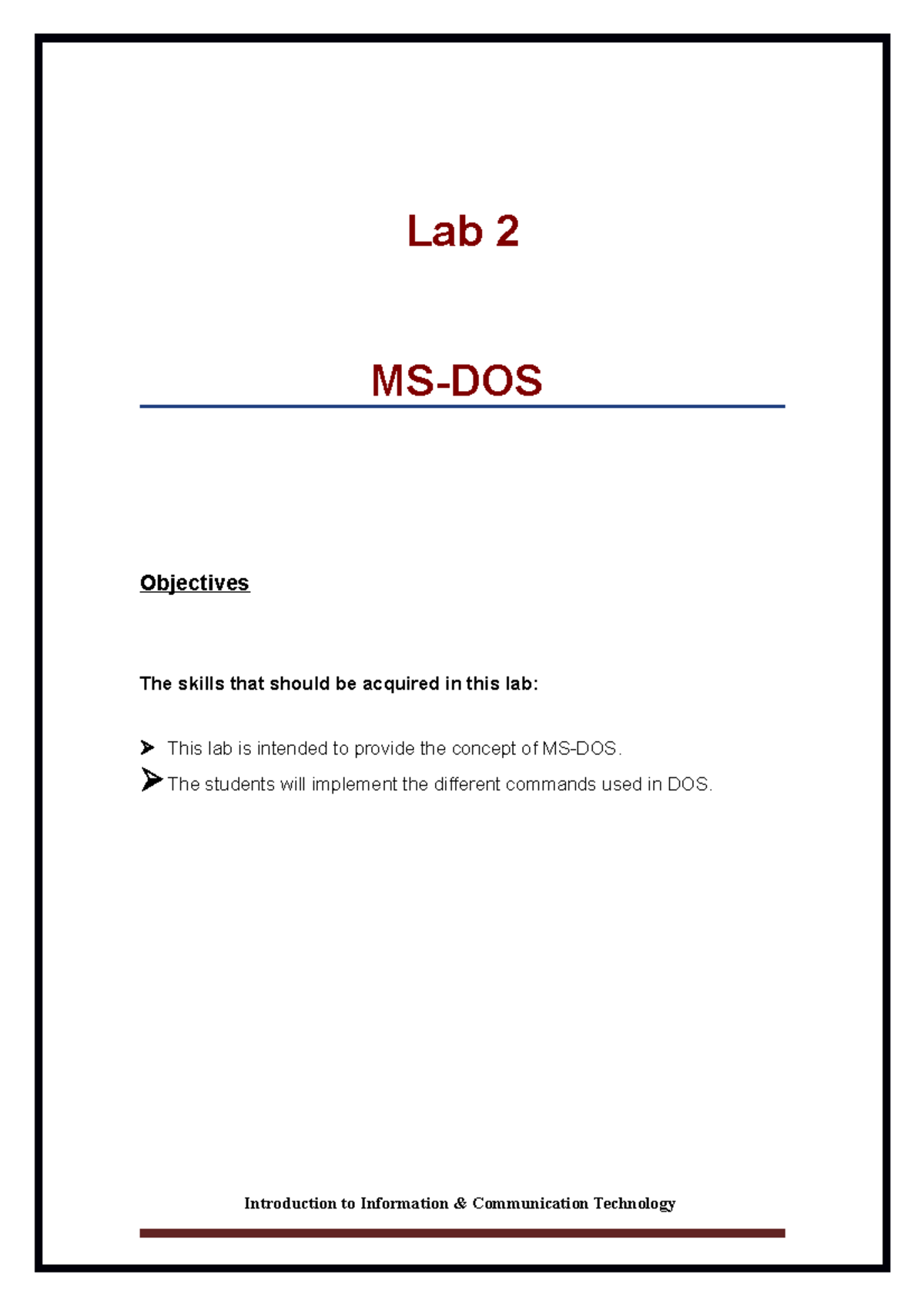 Lab 2 ms-DOS FOR FIRST SEMESTER OF DEPARTMENT OF COMPUTER SCIENCE ...