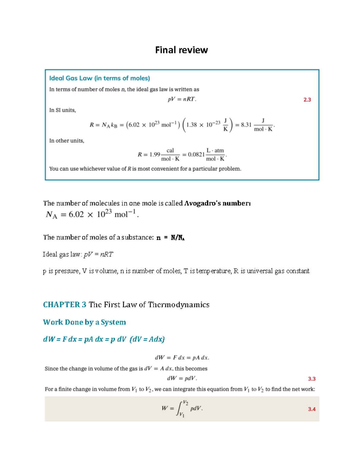 Final review - Final review The number of molecules in one mole is called Avogadro’s number： The ...