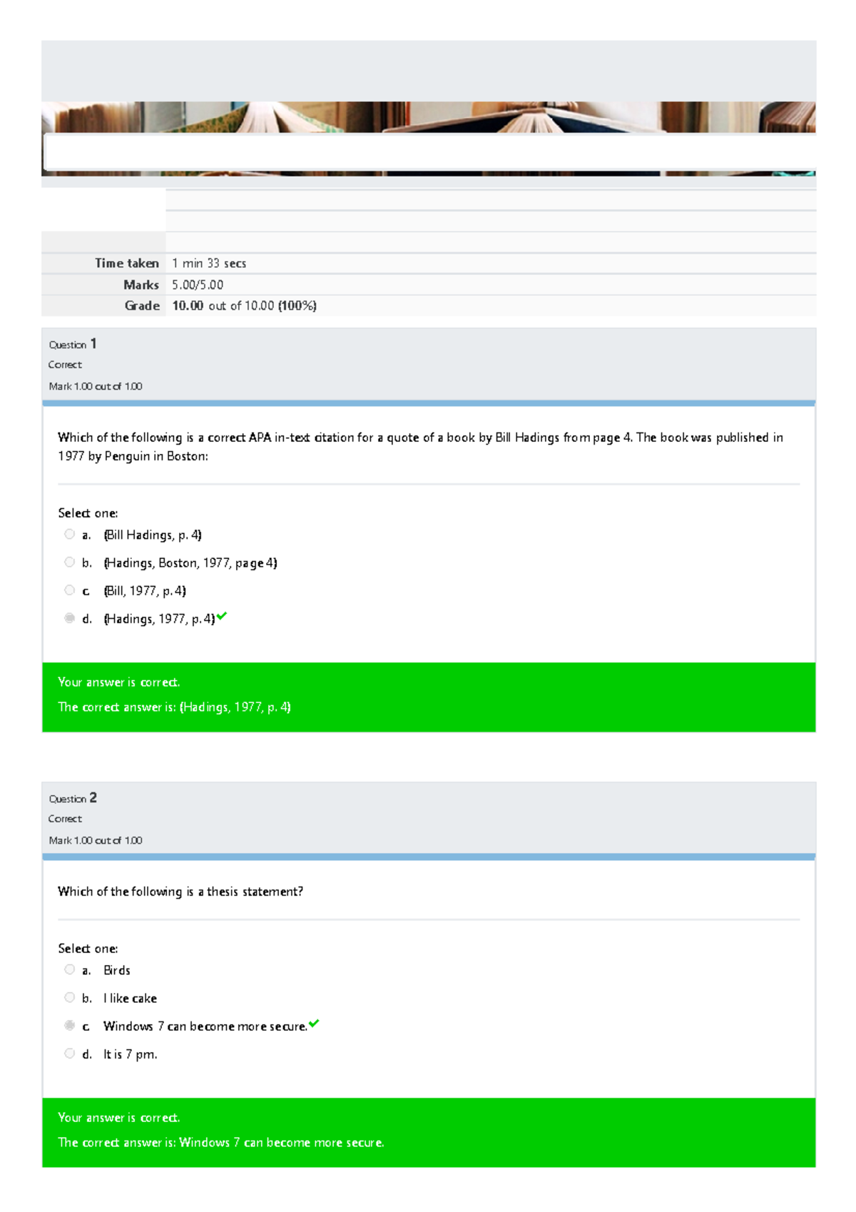 Self Quiz Unit 2 Attempt Review Time Taken 1 Min 33 Secs Marks 5 5 Grade 10 Out Of 10 100
