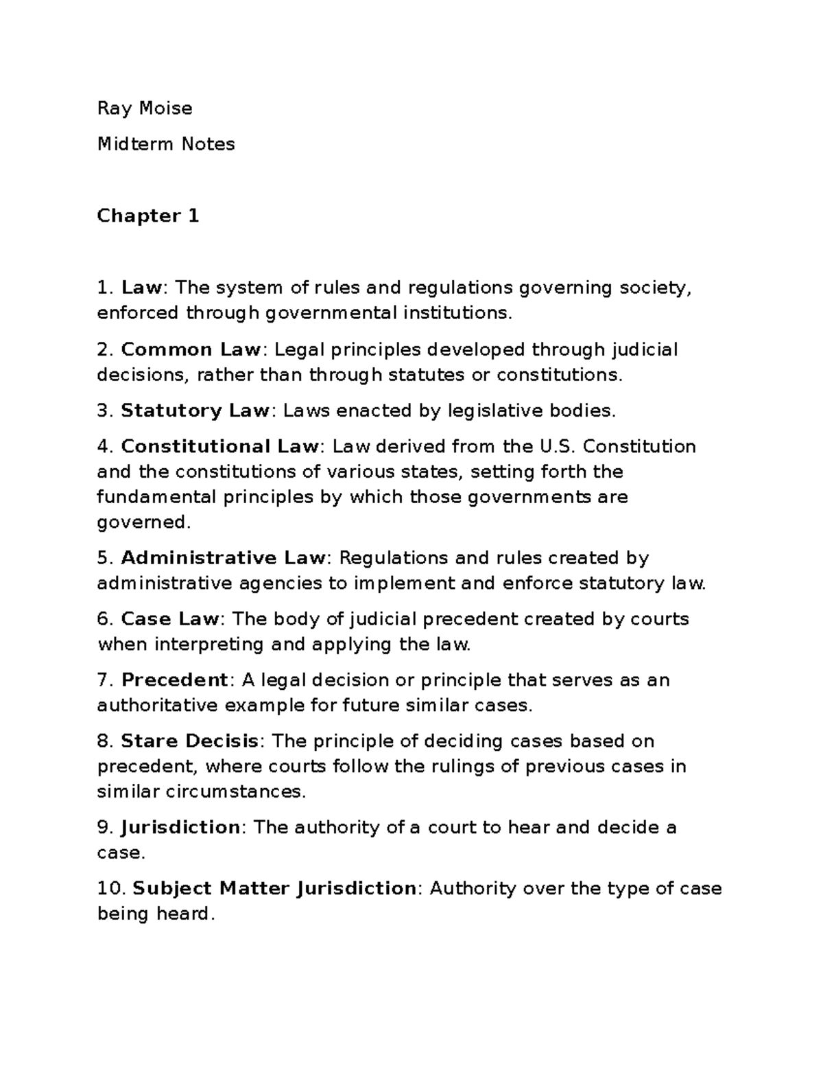 Mid term notes - 2O7 - Ray Moise Midterm Notes Chapter 1 Law: The ...