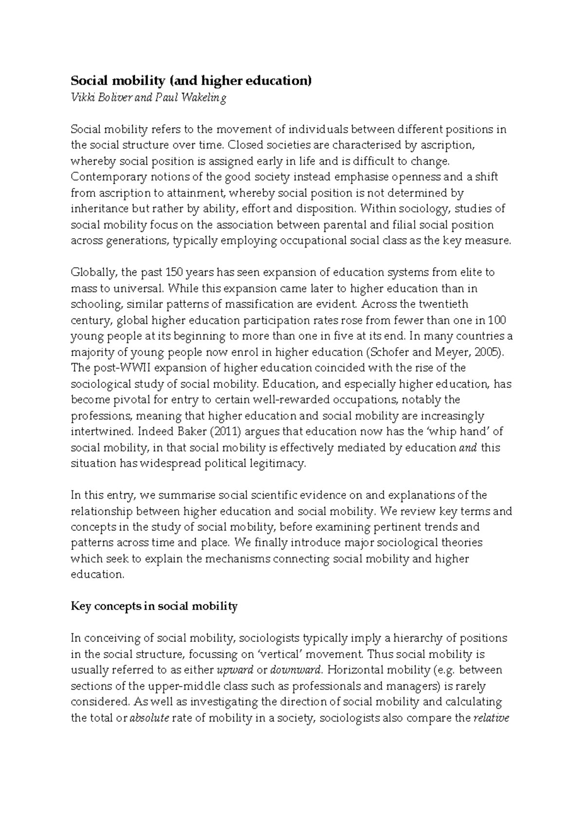 Boliver v - Involvement of factors to influence o - Social mobility ...