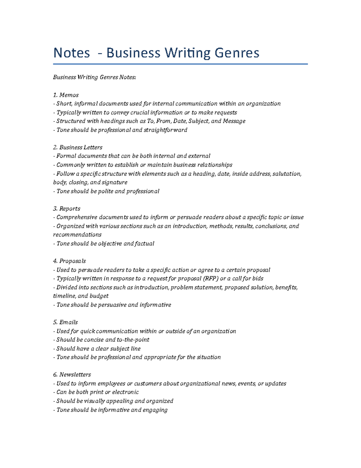Lecture notes - Business Writing Genres - Notes - Business Writing ...