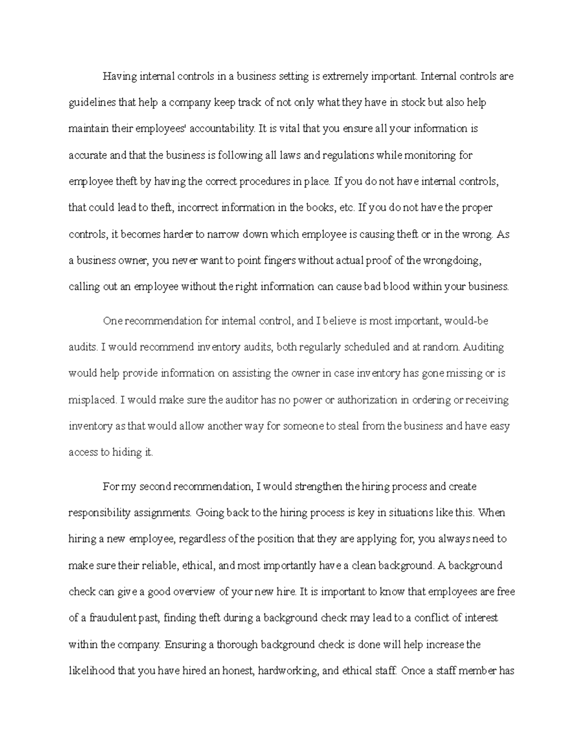 Acc201 4 1 Assignment Internal Controlsfinal Having Internal Controls In A Business Setting