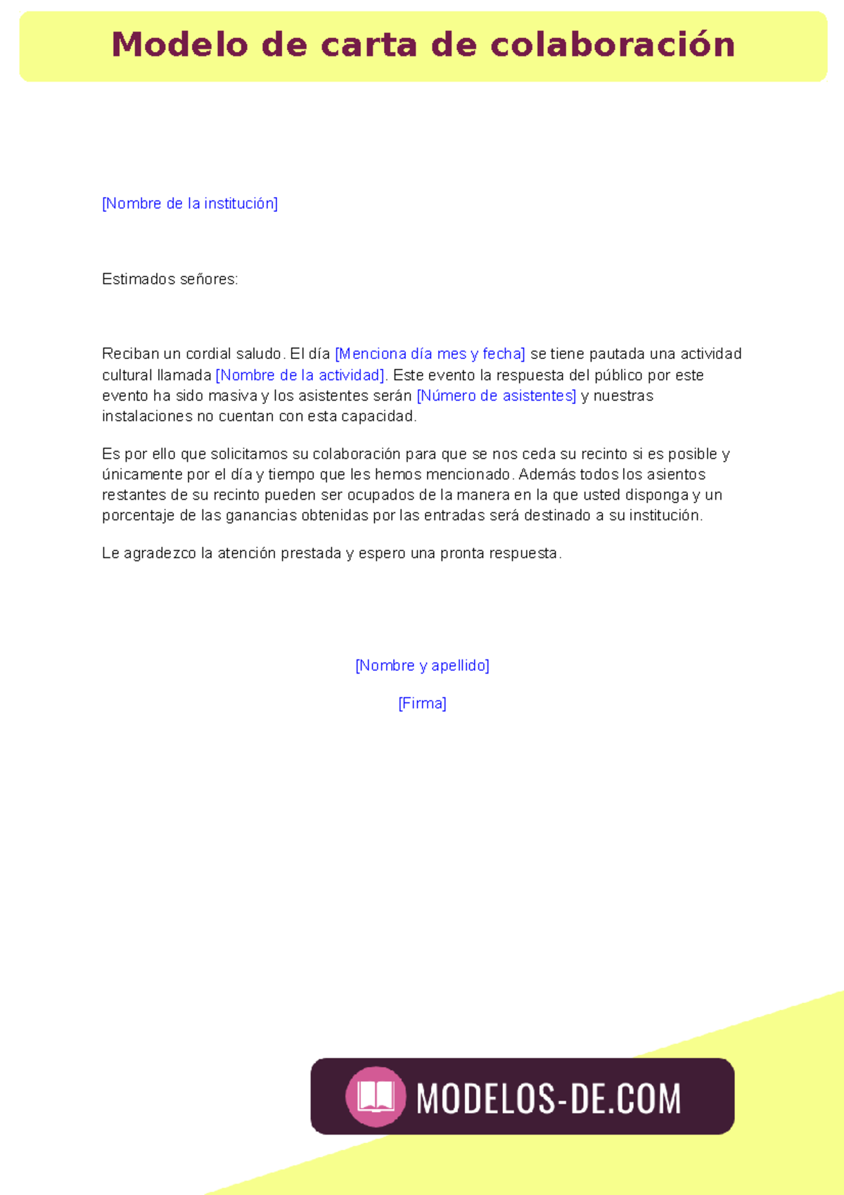 Modelo de carta de colaboración - [Nombre de la institución] Estimados ...