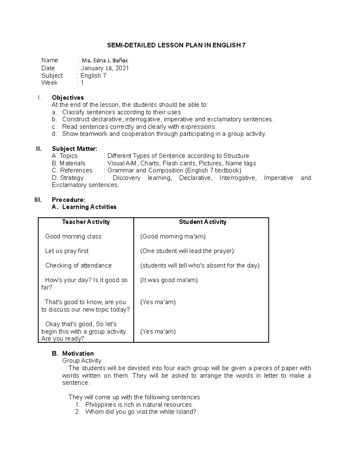 LP-Bañoc - lesson plan - SEMI-DETAILED LESSON PLAN IN ENGLISH 7 Name ...