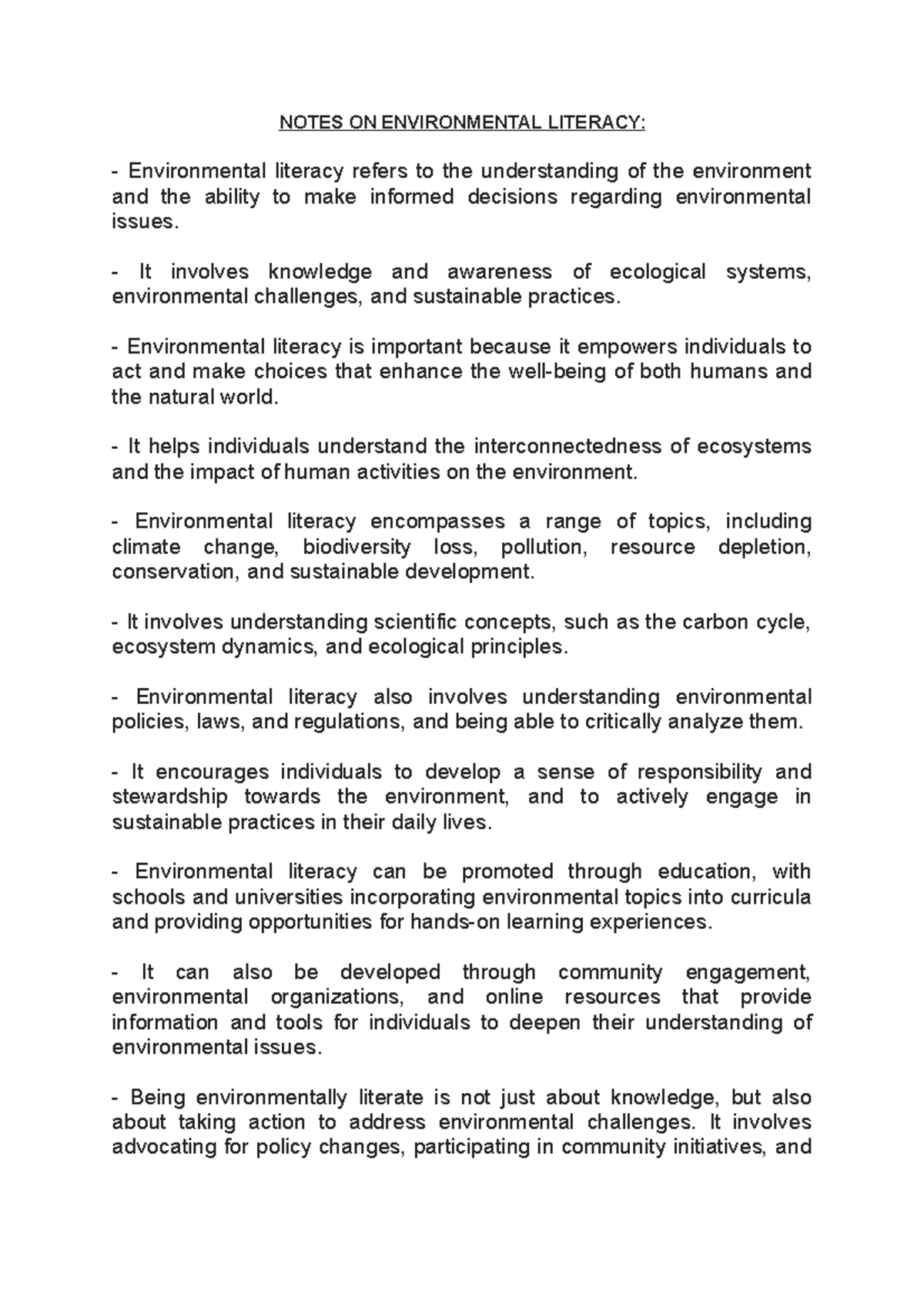 Notes ON Environmental Literacy overwiew - NOTES ON ENVIRONMENTAL ...