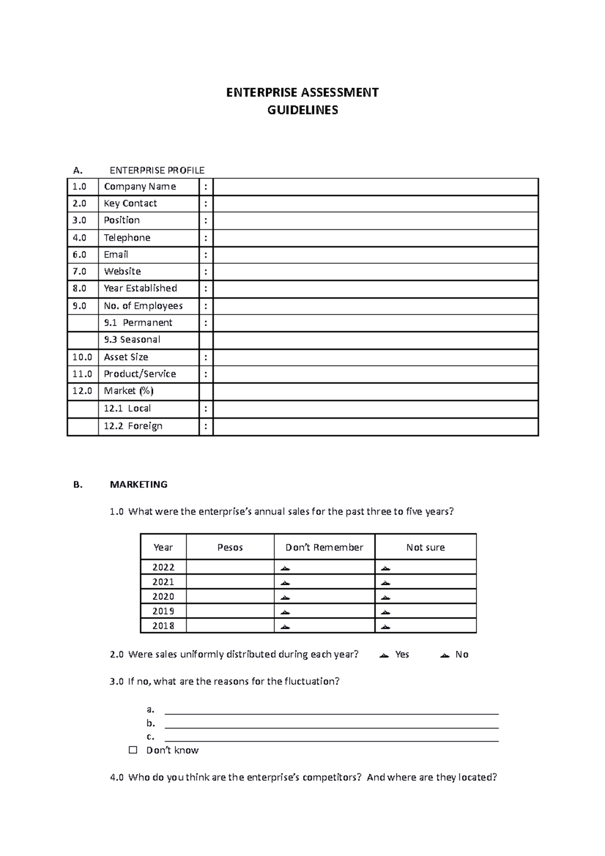 Guide - ENTERPRISE ASSESSMENT GUIDELINES A. ENTERPRISE PROFILE 1 ...