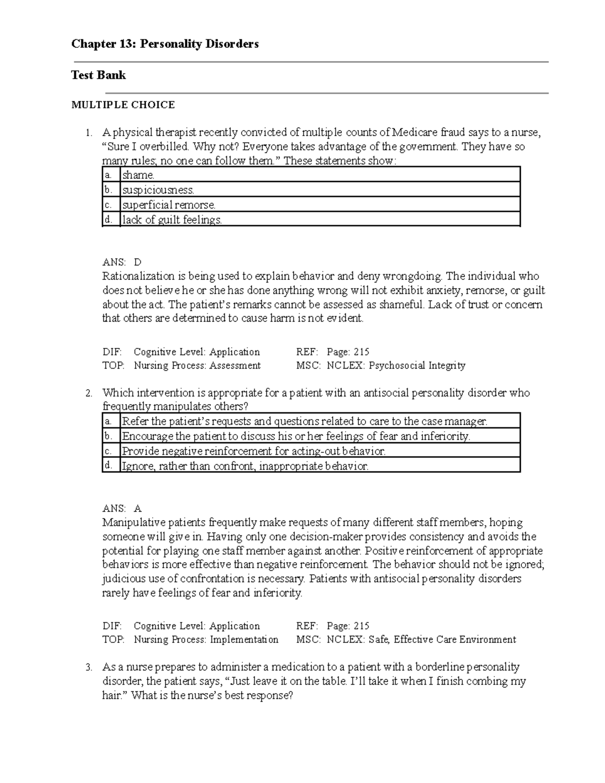 Ch13 Personality Disorders - Chapter 13: Personality Disorders Test ...