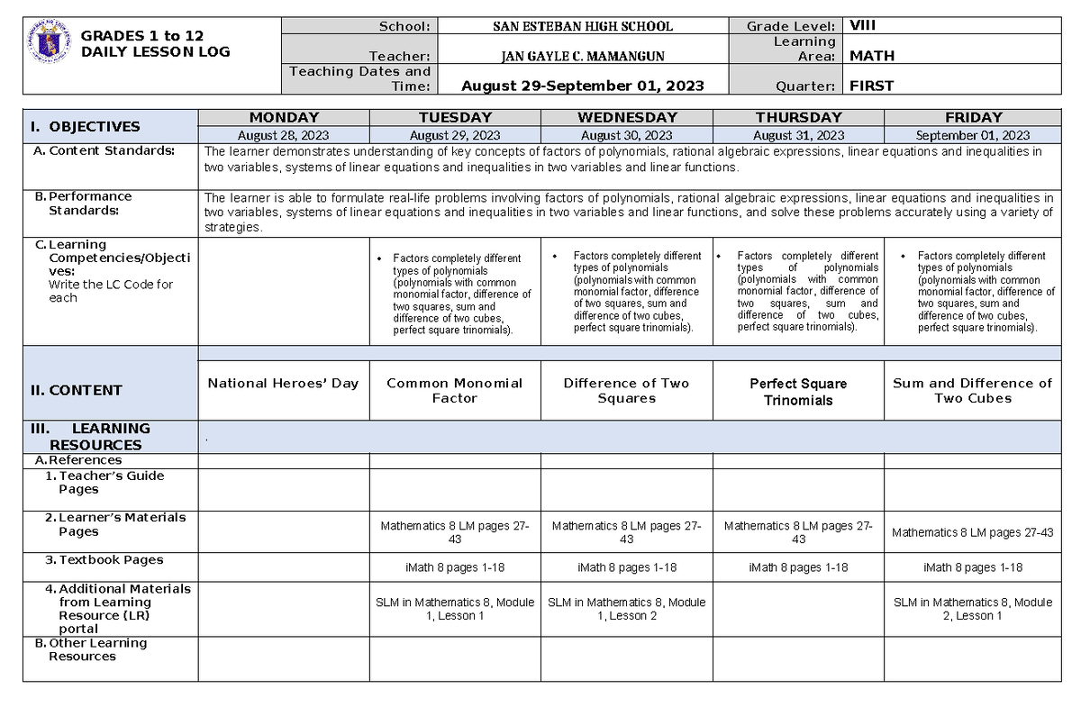 MATH 8-DLL Week 1 - GRADES 1 to 12 DAILY LESSON LOG School: SAN ESTEBAN ...