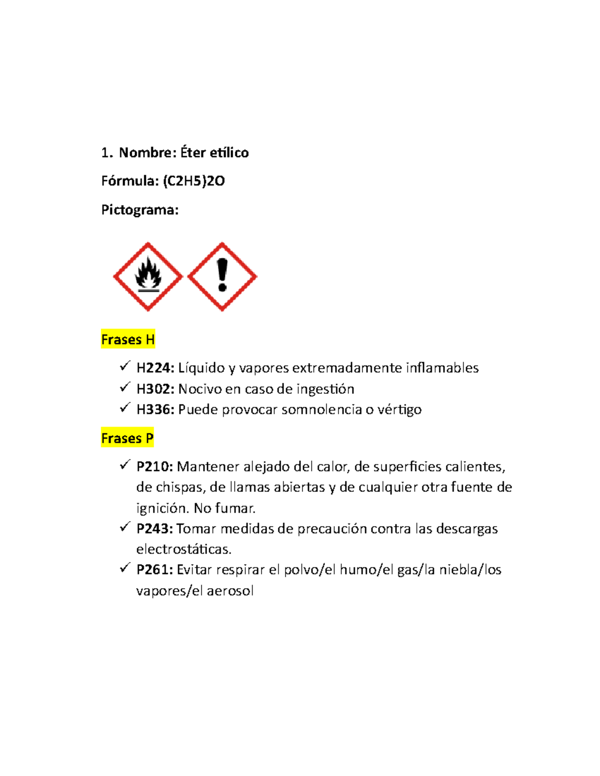 Frases R y S LABORATORIO #2 QUIMICA - Nombre: Éter etílico Fórmula ...