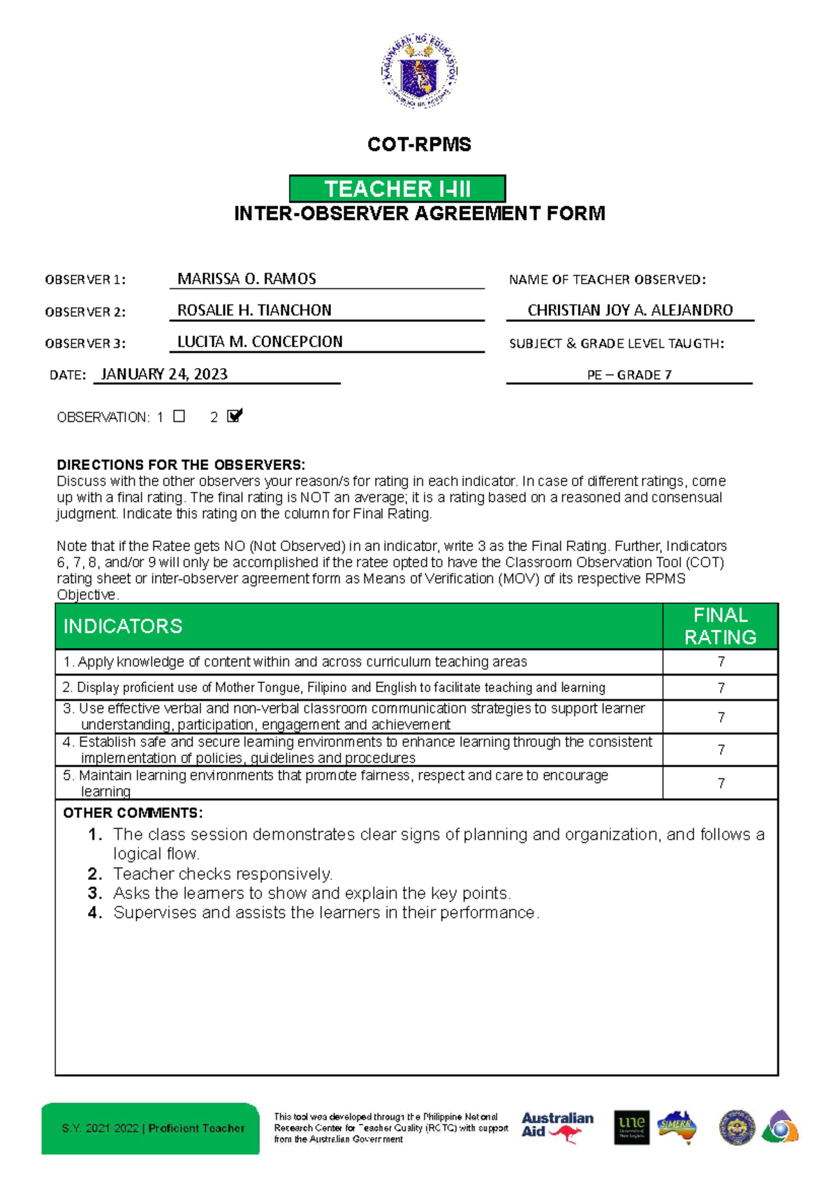 SY 2021 2022 TI TIII CJ Inter Obsever Agreement FORM - COT-RPMS TEACHER ...
