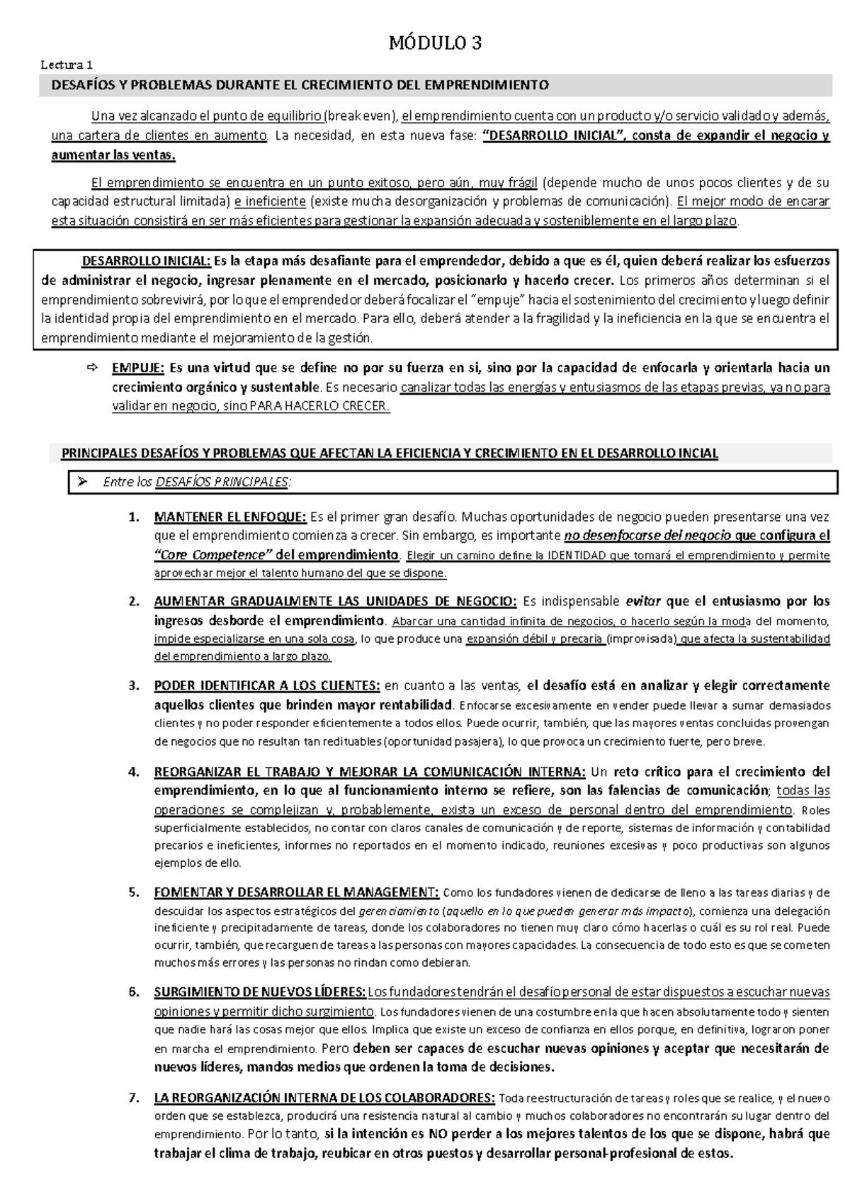 Resumen Desarrollo Emprendedor - Modulo 3 y 4 - MÓDULO 3 Lectura 1 DESAFÍOS Y PROBLEMAS DURANTE ...
