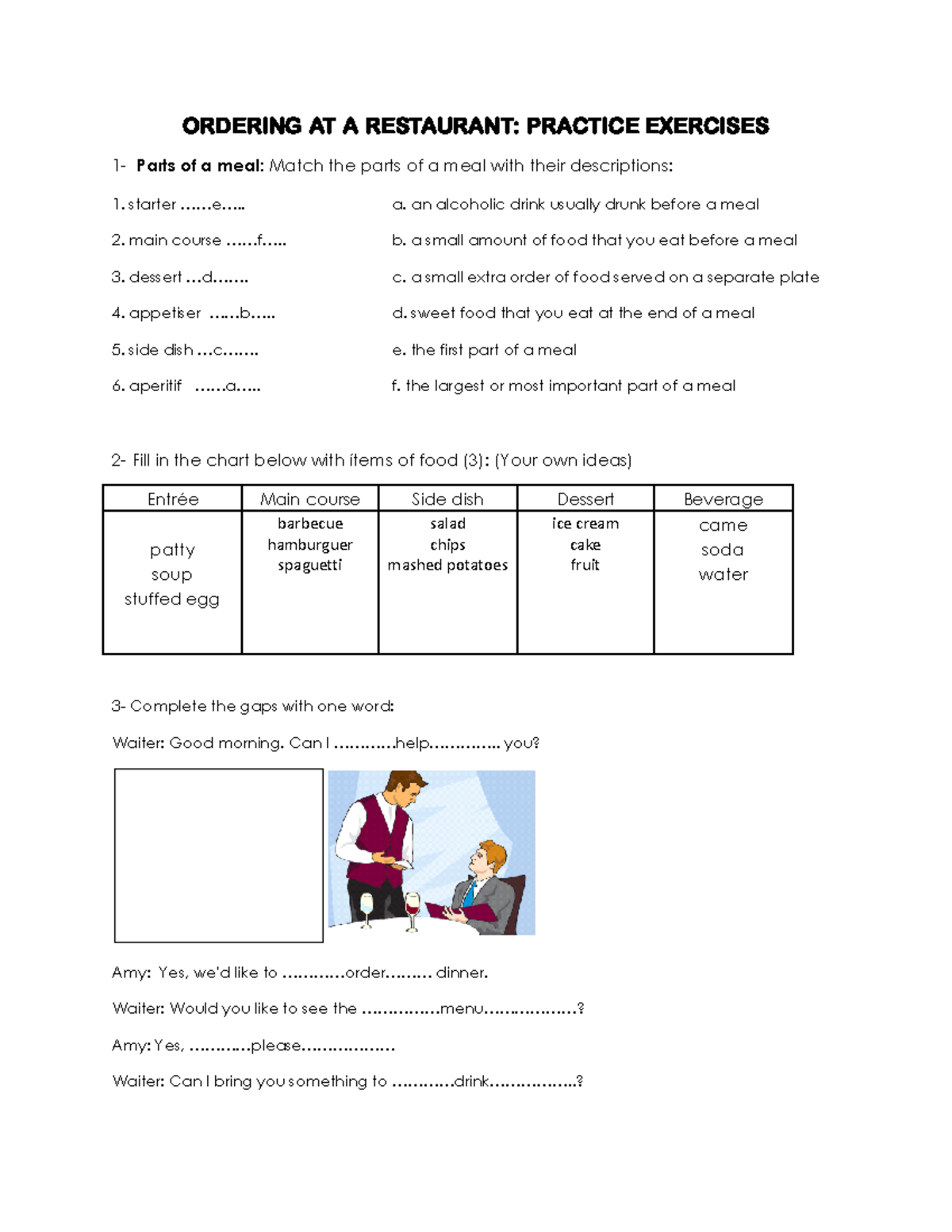 Ordering AT A Restaurant - ORDERING AT A RESTAURANT: PRACTICE EXERCISES ...