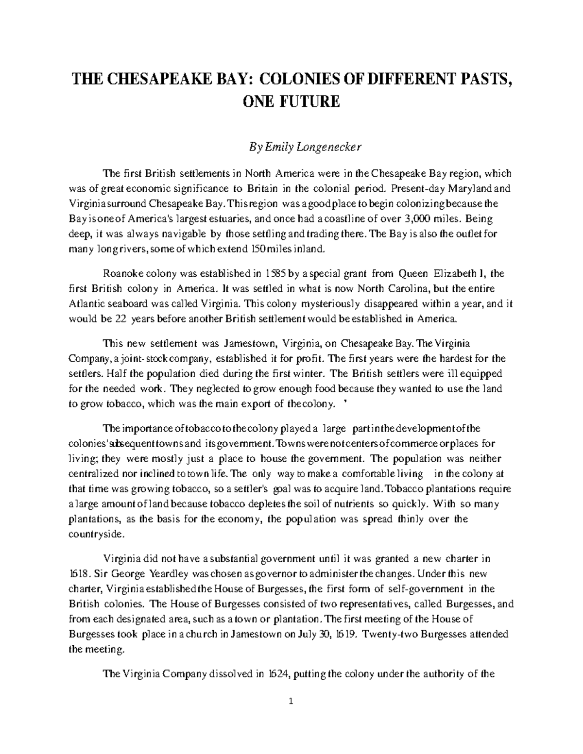 United states history - THE CHESAPEAKE BAY: COLONIES OF DIFFERENT PASTS ...