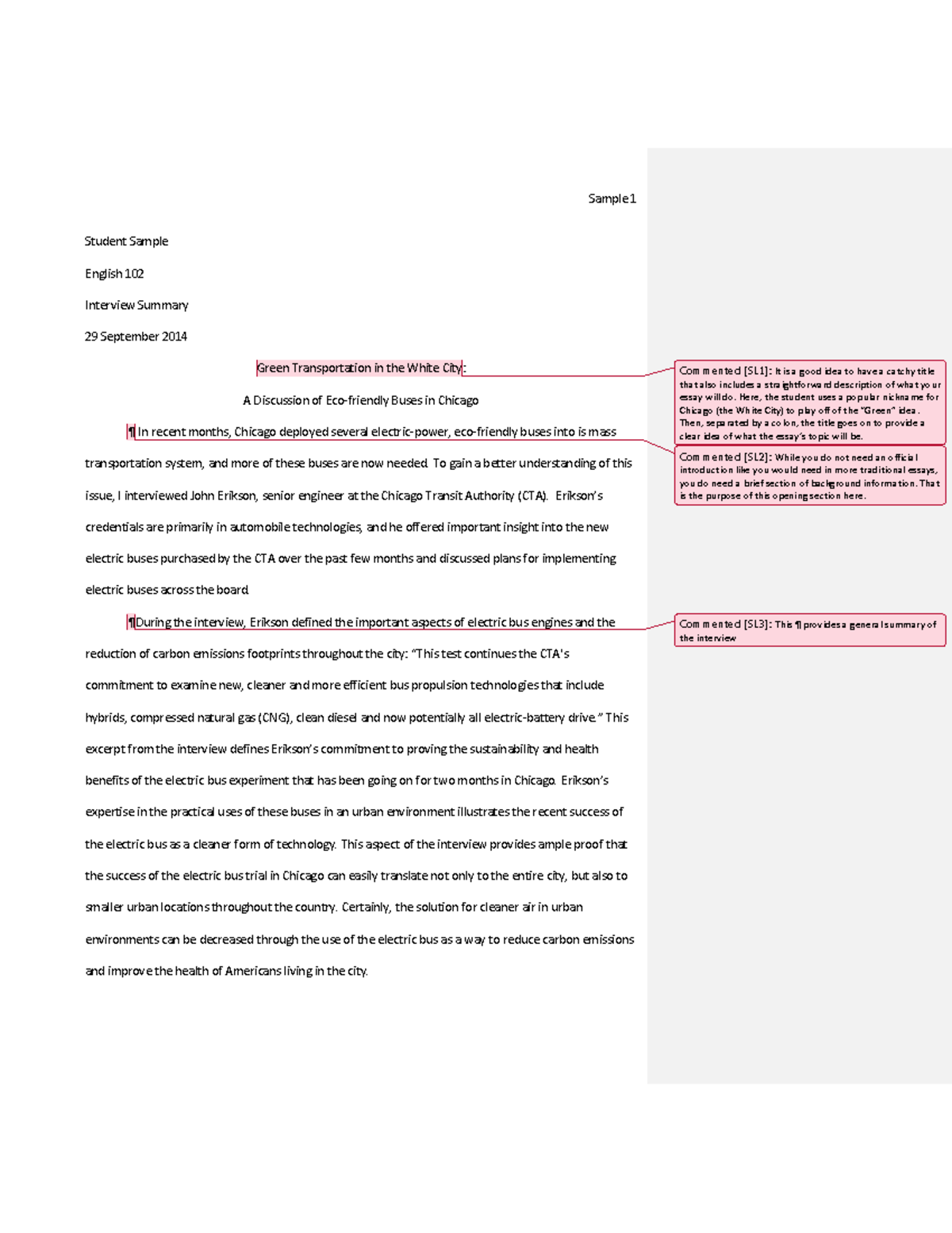 Interview Summary Sample 1 - Sample 1 Student Sample English 102 ...