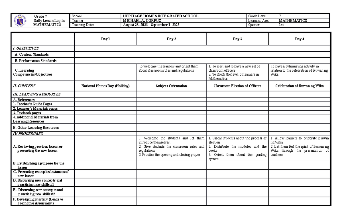 DLL- Mathematics Q1 Aug 28 - Sep 1 - Grade 7 Daily Lesson Log in ...