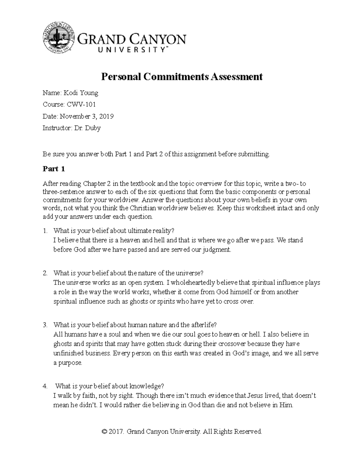 CWV 101 Topic 1 Personal Commitments Assessment - Personal Commitments ...