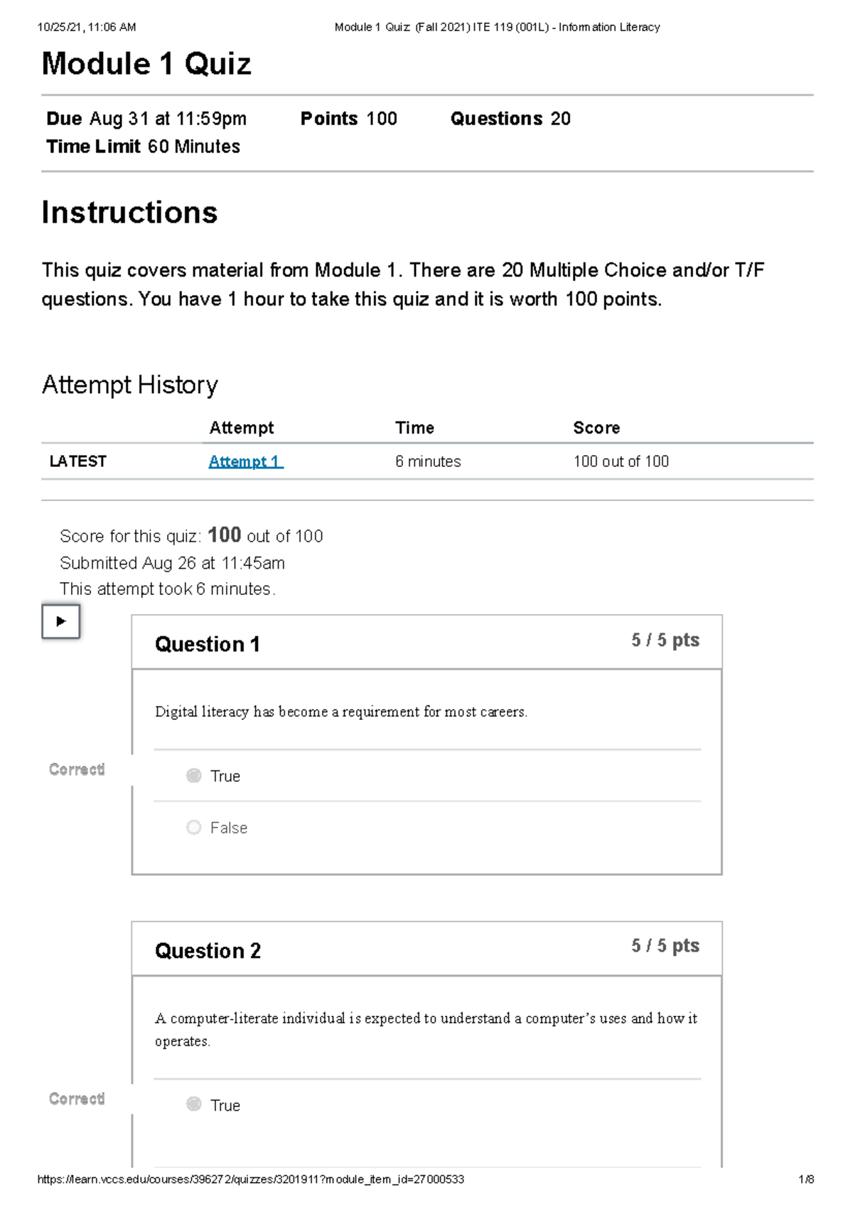 Module 1 Quiz (Fall 2021) ITE 119 (001L) - Information Literacy ...