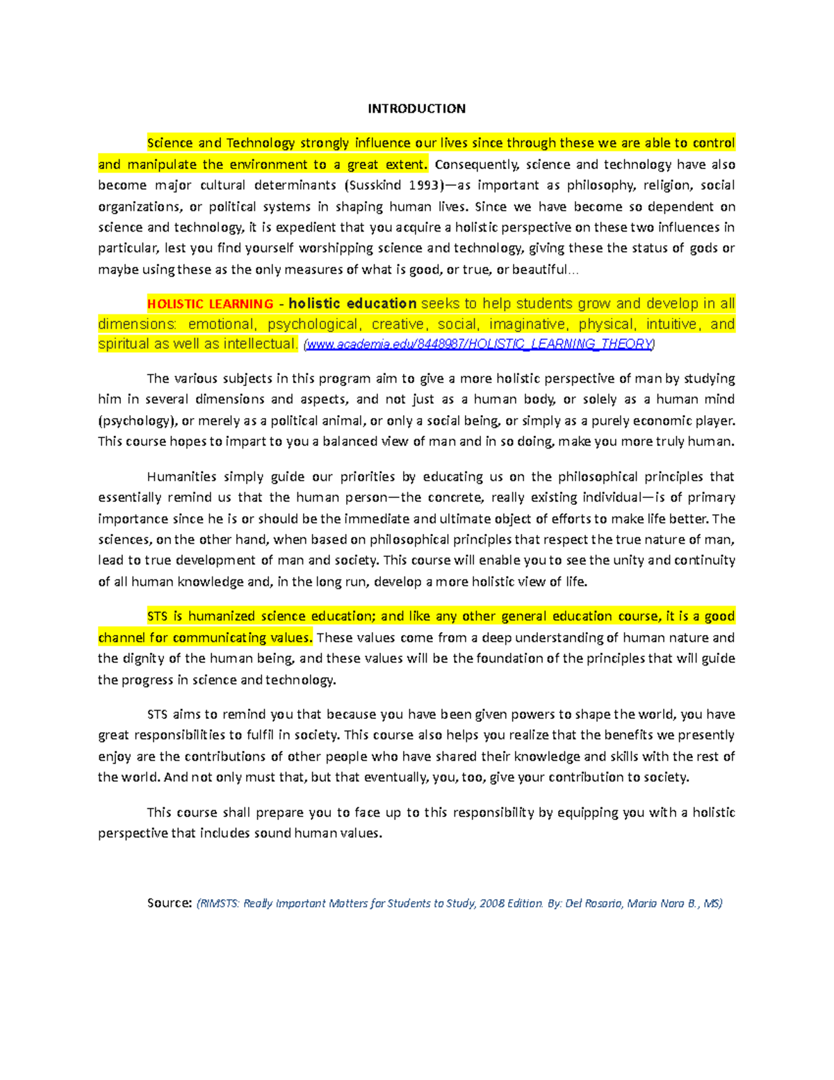 STS 001 - STS 001 - INTRODUCTION Science and Technology strongly ...