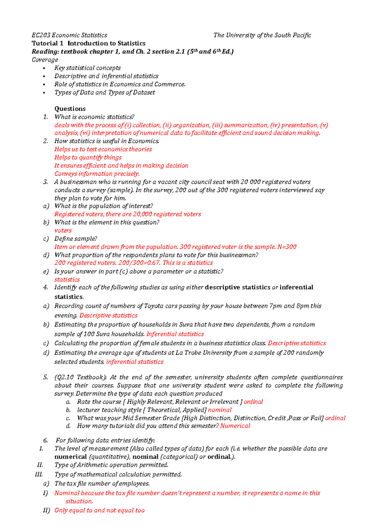 EC 203 Tutorial 1 - introduction to statistics - EC203 Economic ...