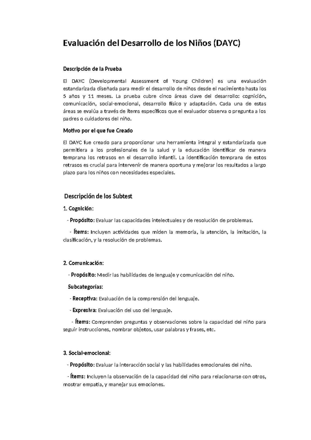 Manual DYAC - Evaluación del Desarrollo de los Niños (DAYC) Descripción ...
