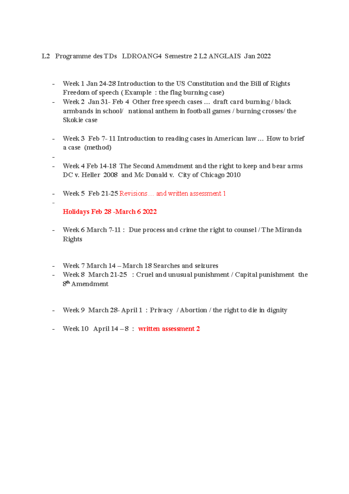 Programme des TDs L2 P1 et P2 Anglais - L2 Programme des TDs LDROANG4 Semestre 2 L2 ANGLAIS Jan ...