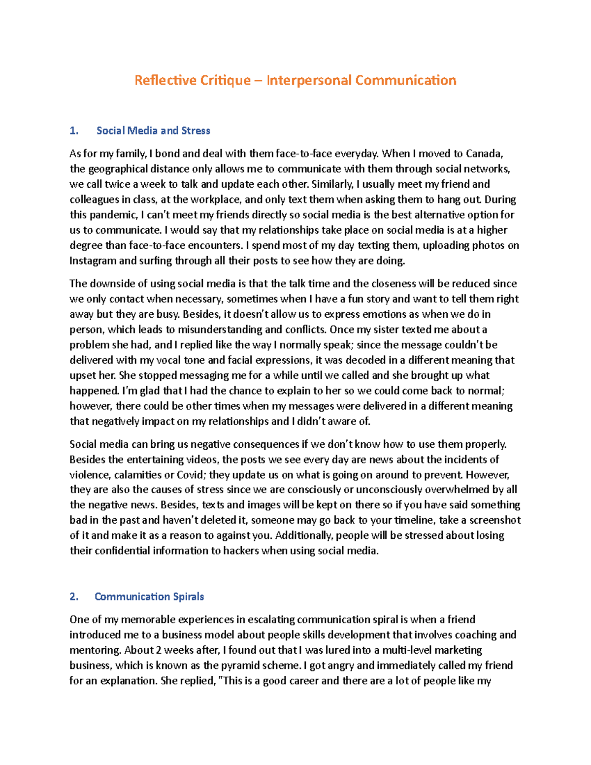 GHUM 1087 - Self Reflection 3 Interpersonal communication - Reflective ...