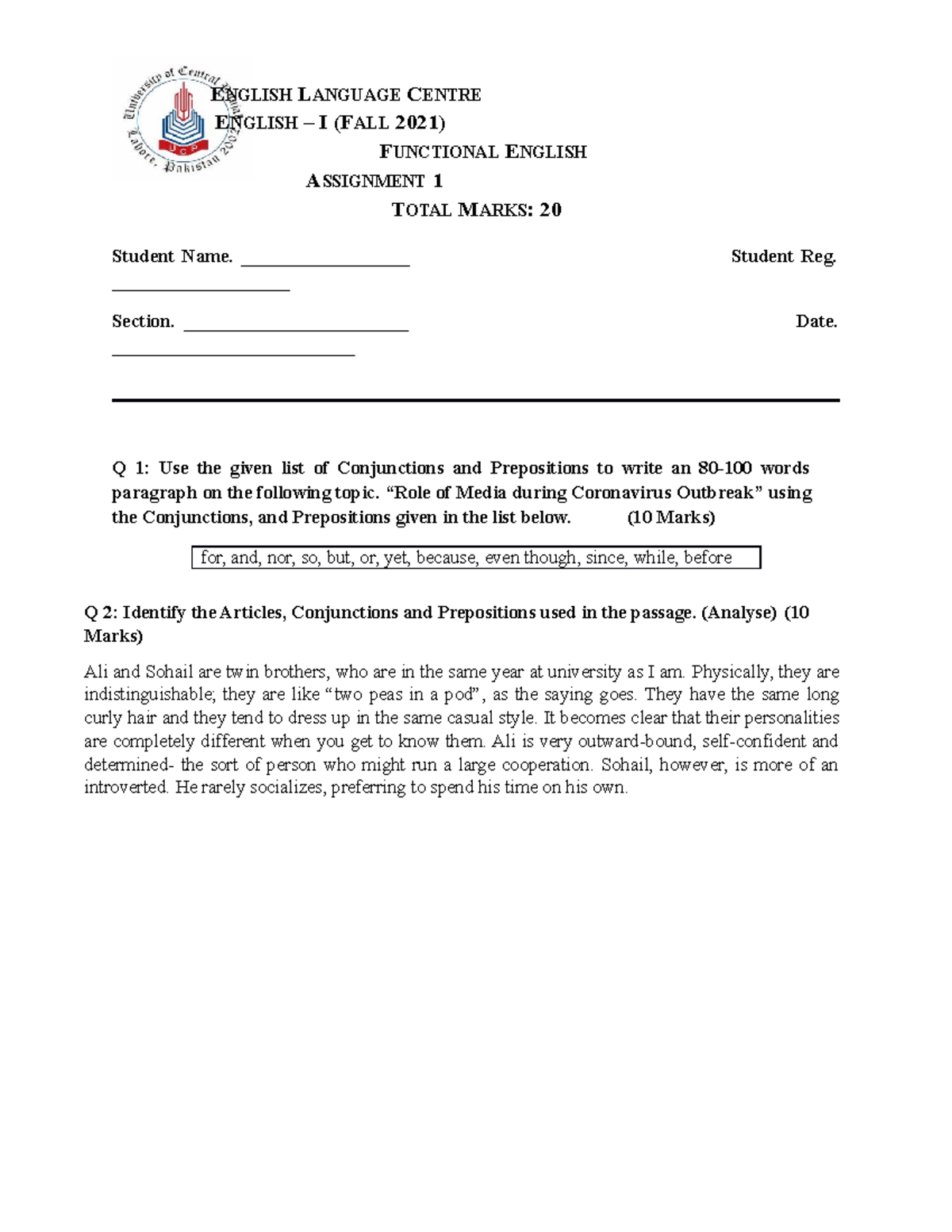 FE-Assignment-1-Version-4-Wed- 12 - ENGLISH LANGUAGE CENTRE ENGLISH – I (FALL 2021) FUNCTIONAL ...