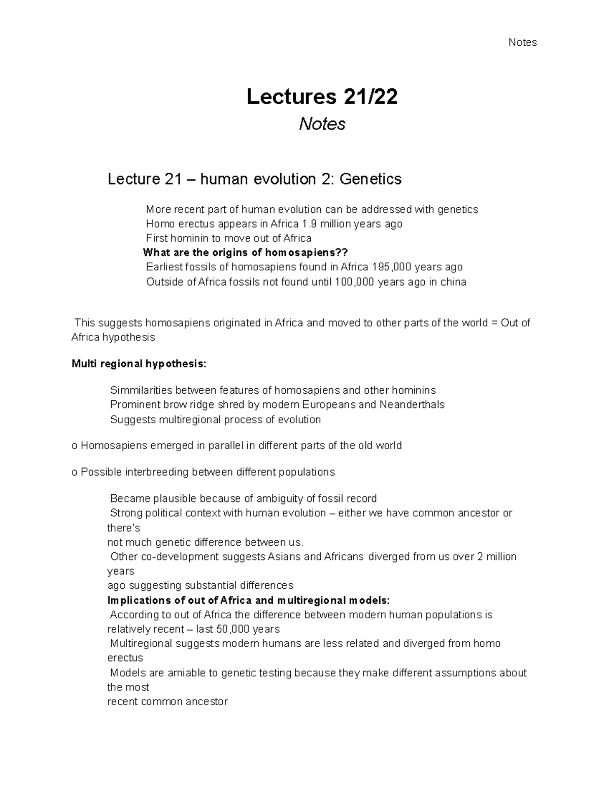 Evolution 21 22 - Lecture notes 21, 22 - Lectures 21/ Notes Lecture 21 ...