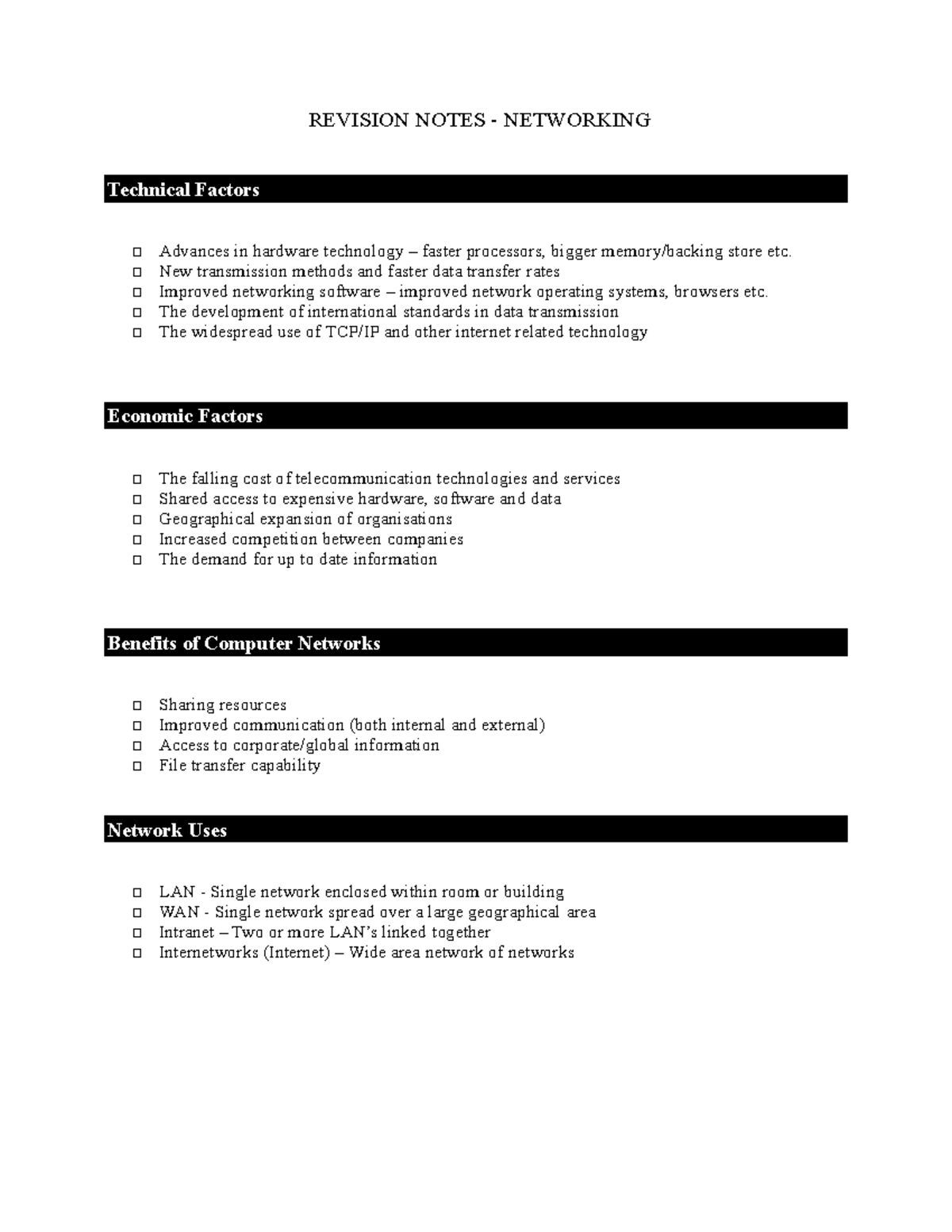Networking Rev Notes - REVISION NOTES - NETWORKING Advances in hardware ...