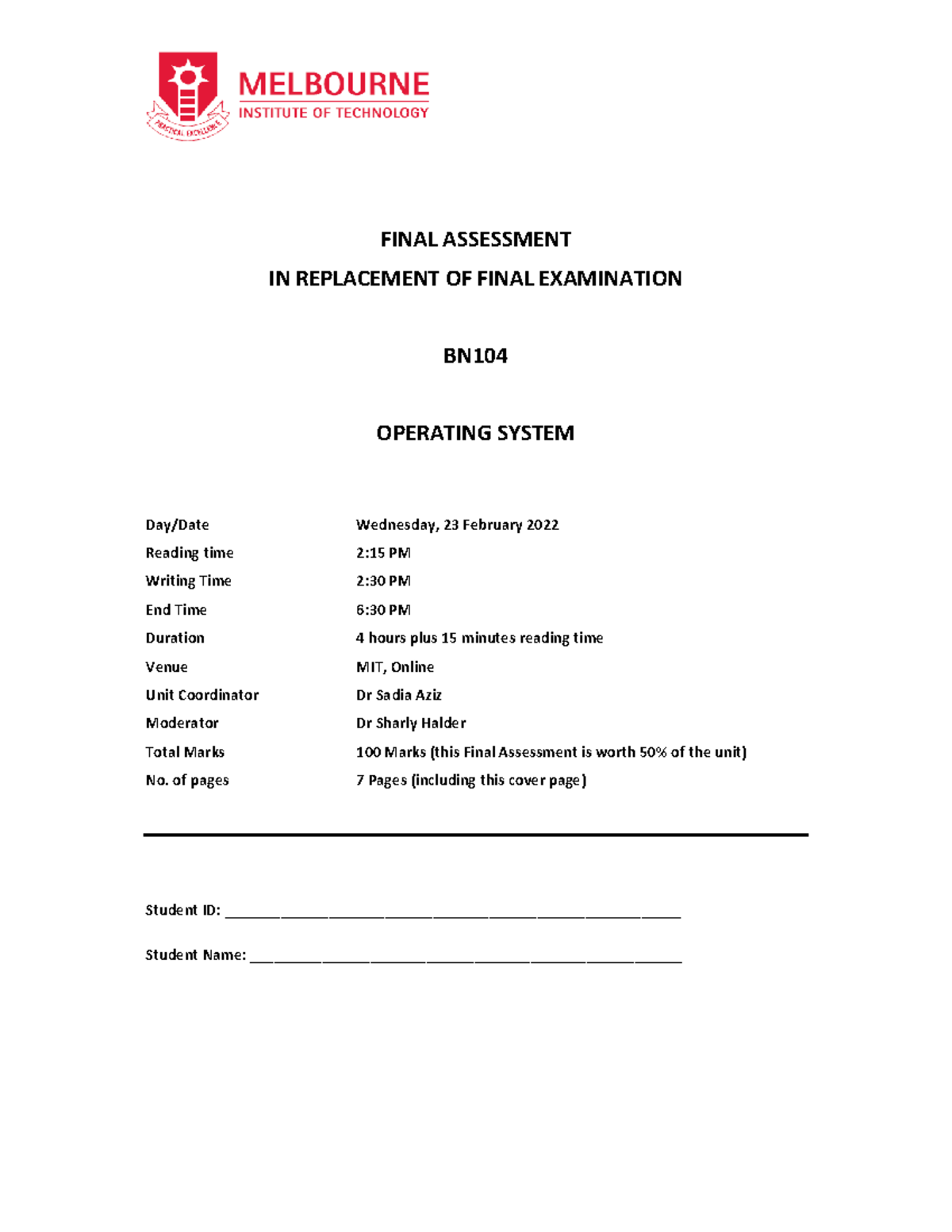 BN104 Operating System Final Assessment 2103 - FINAL ASSESSMENT IN ...