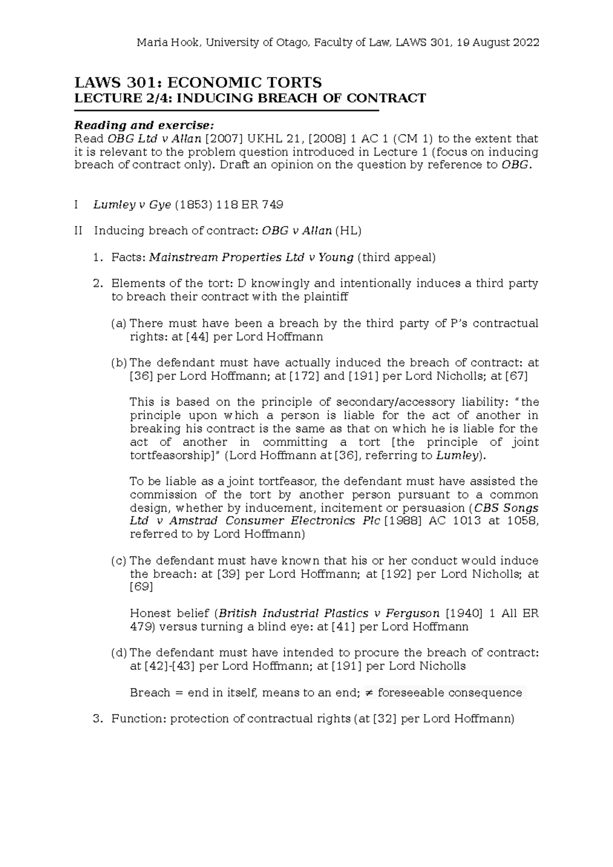 Economic Torts Lecture 2 - Maria Hook, University of Otago, Faculty of ...