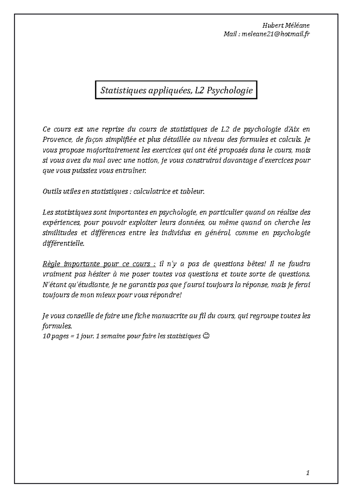 Cours particuliers statistiques - Hubert Méléane Mail : meleane21 ...