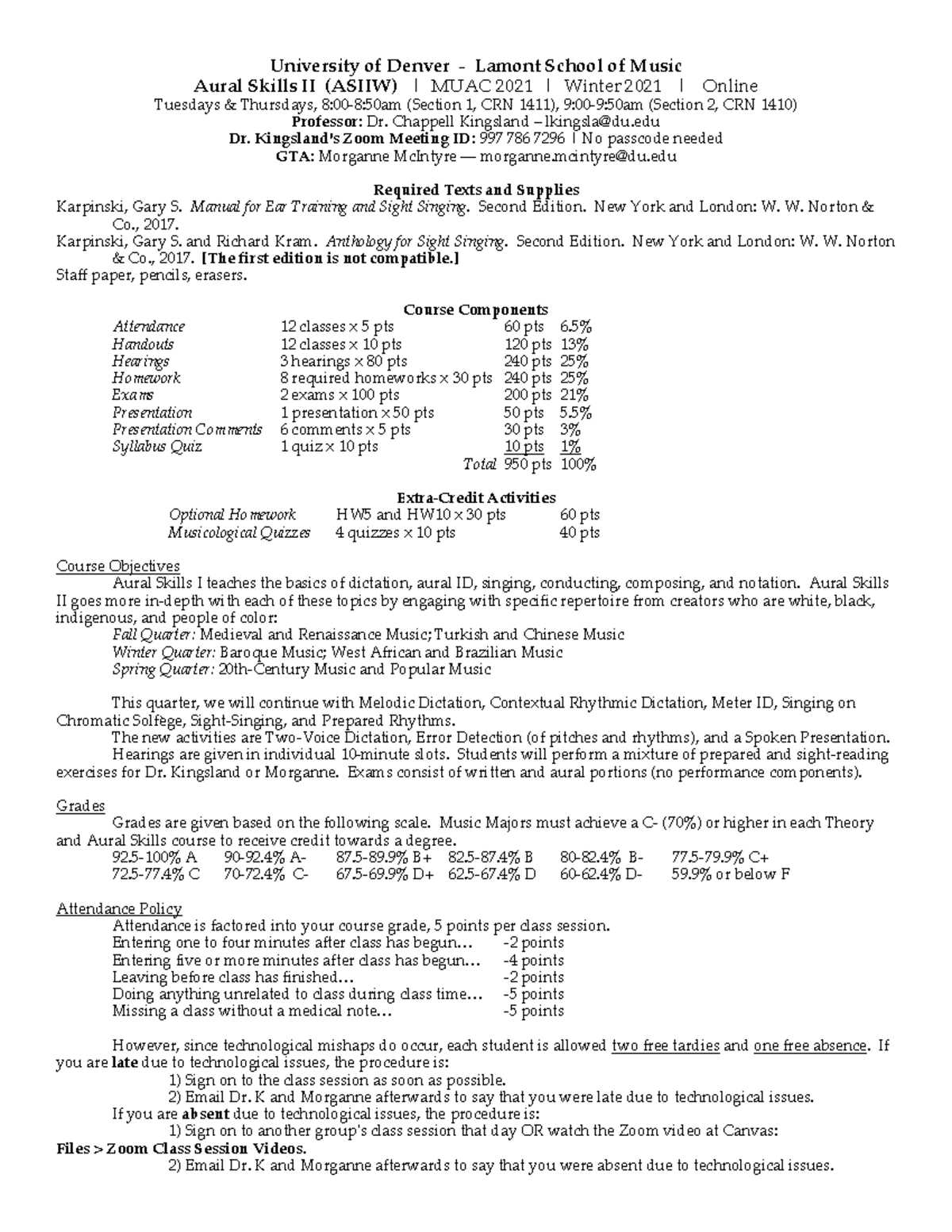 Aural Skills II Winter 2021 Syllabus - University of Denver - Lamont ...