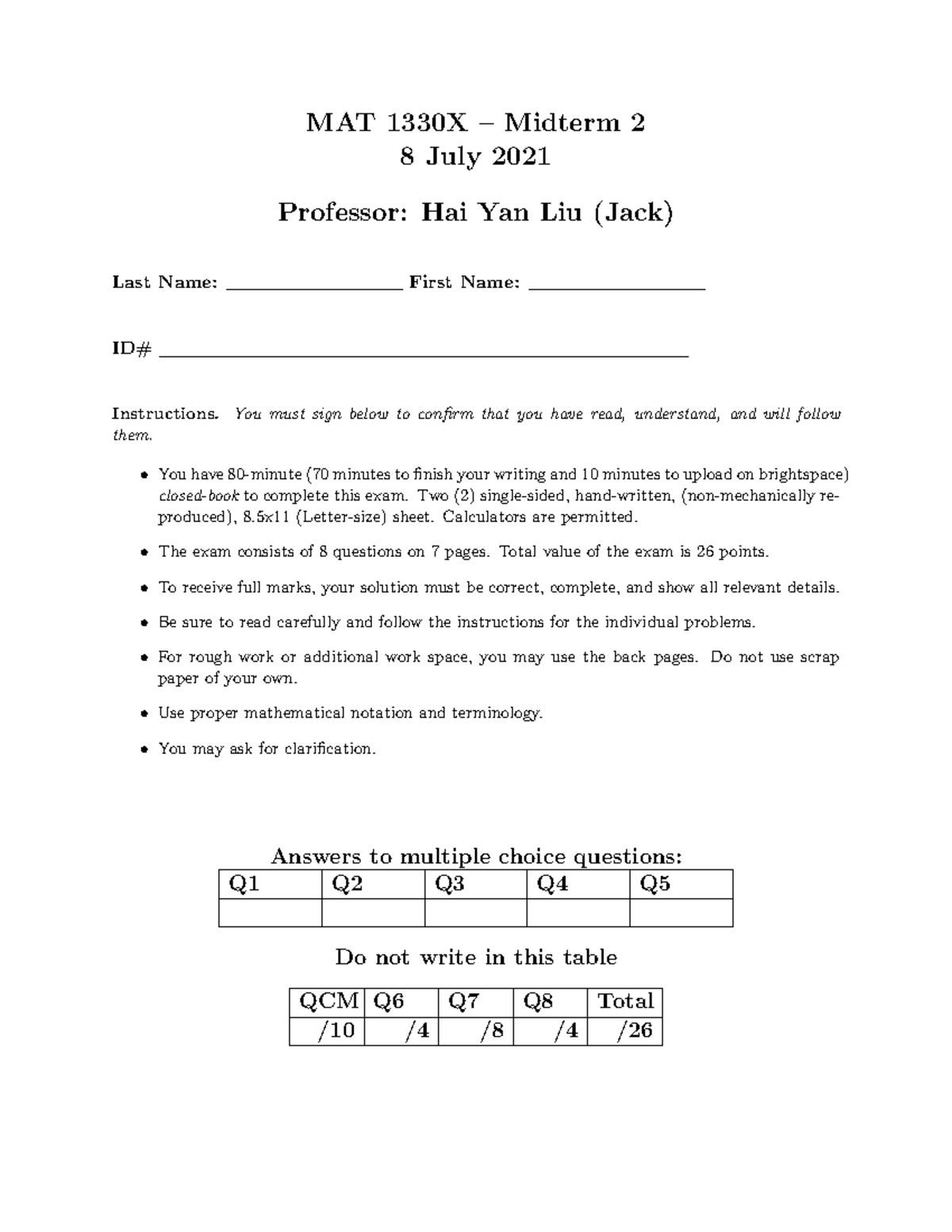 Midterm 2 Solutions for Summer 2021 Semester - MAT 1330X – Midterm 2 8 ...