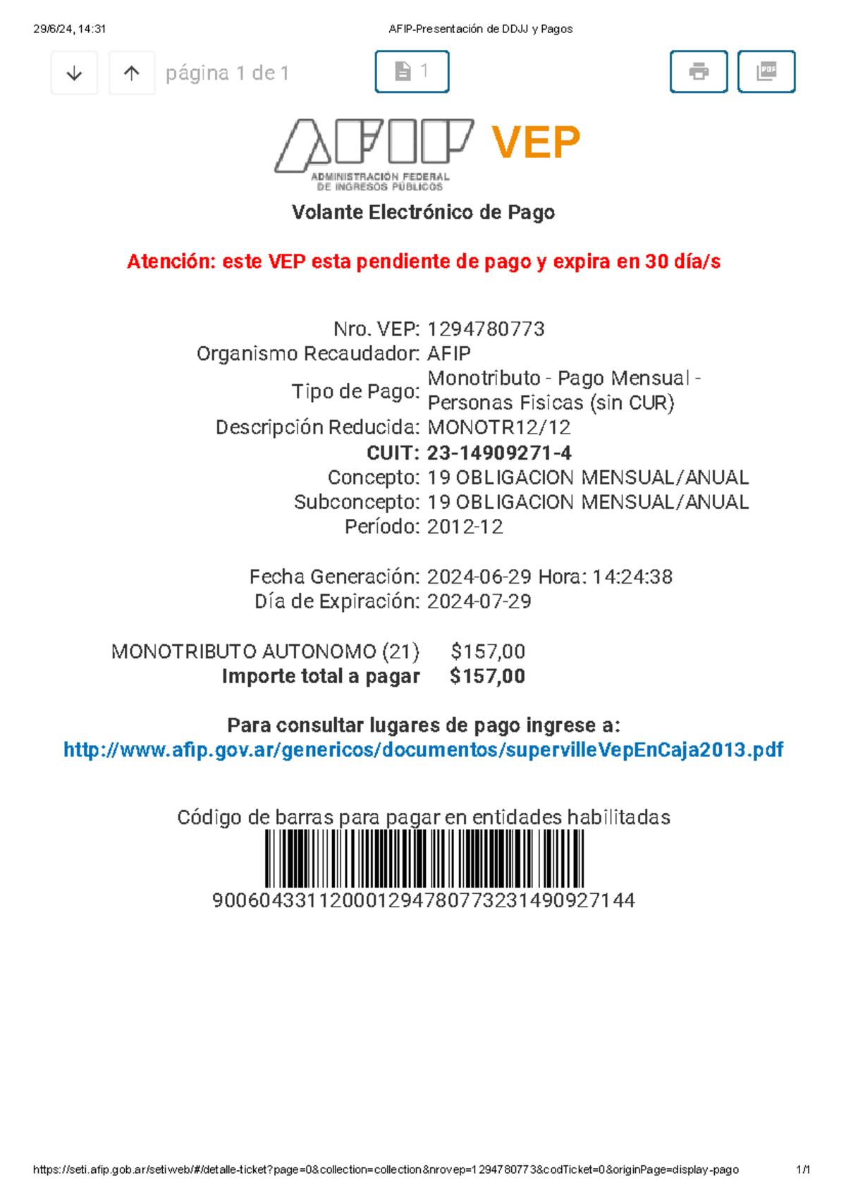 EJEMPLO VEP DE PAGO AFIP - VEP Volante Electrónico de Pago Atención ...