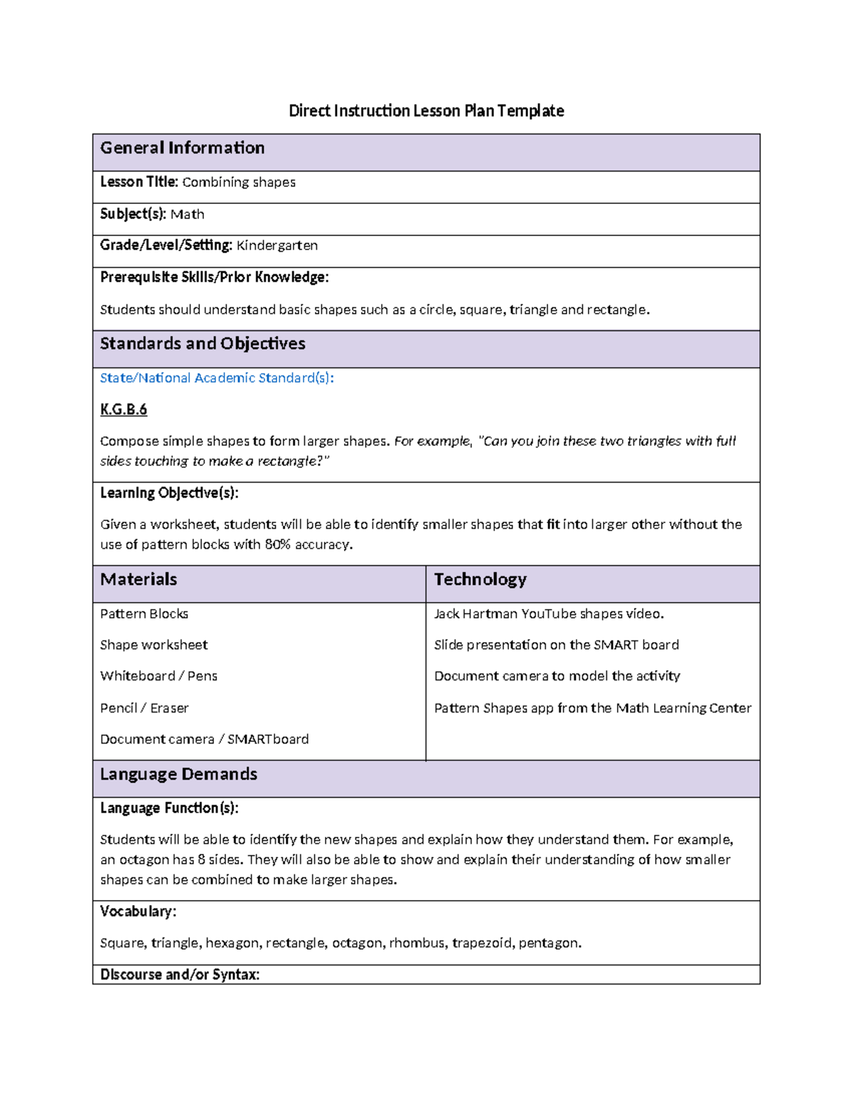 Mathematics Methods Task 1 - Direct Instruction Lesson Plan Template General Information Lesson ...
