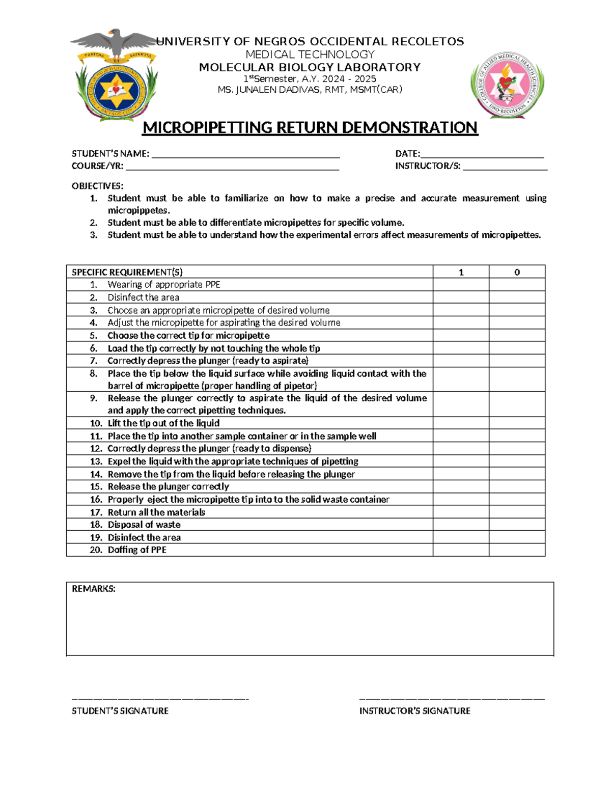 Pipetting Retdem - Laboratory Exercise - UNIVERSITY OF NEGROS ...
