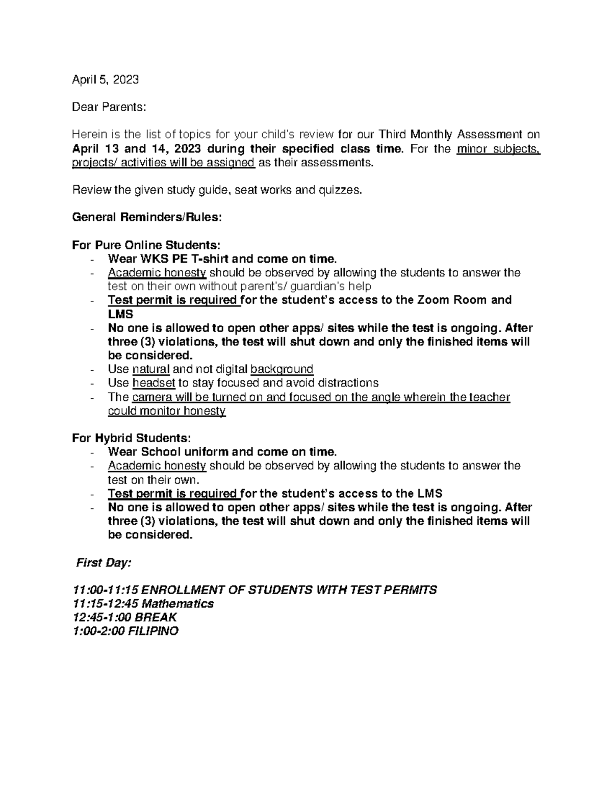 Third Monthly Test Pointers for Review.docx - G2 - April 5, 2023 Dear ...