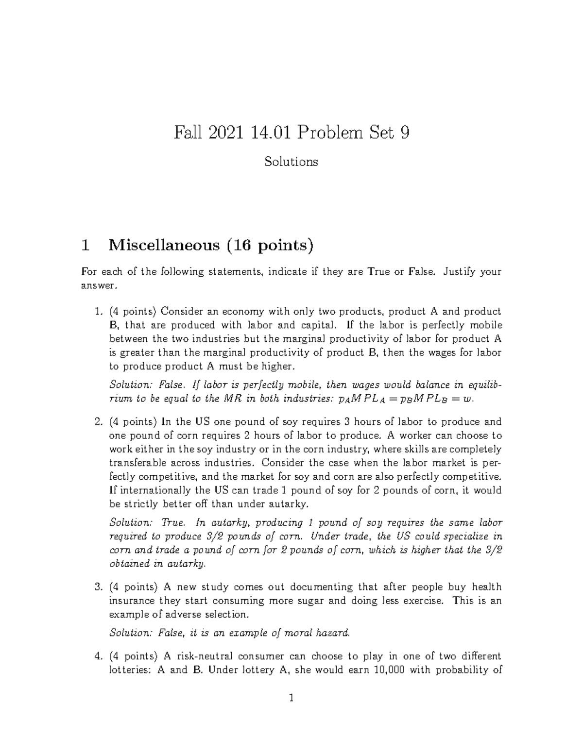 PSet9 Sol - Fall 2021 14 Problem Set 9 Solutions 1 Miscellaneous (16 points) For each of the ...