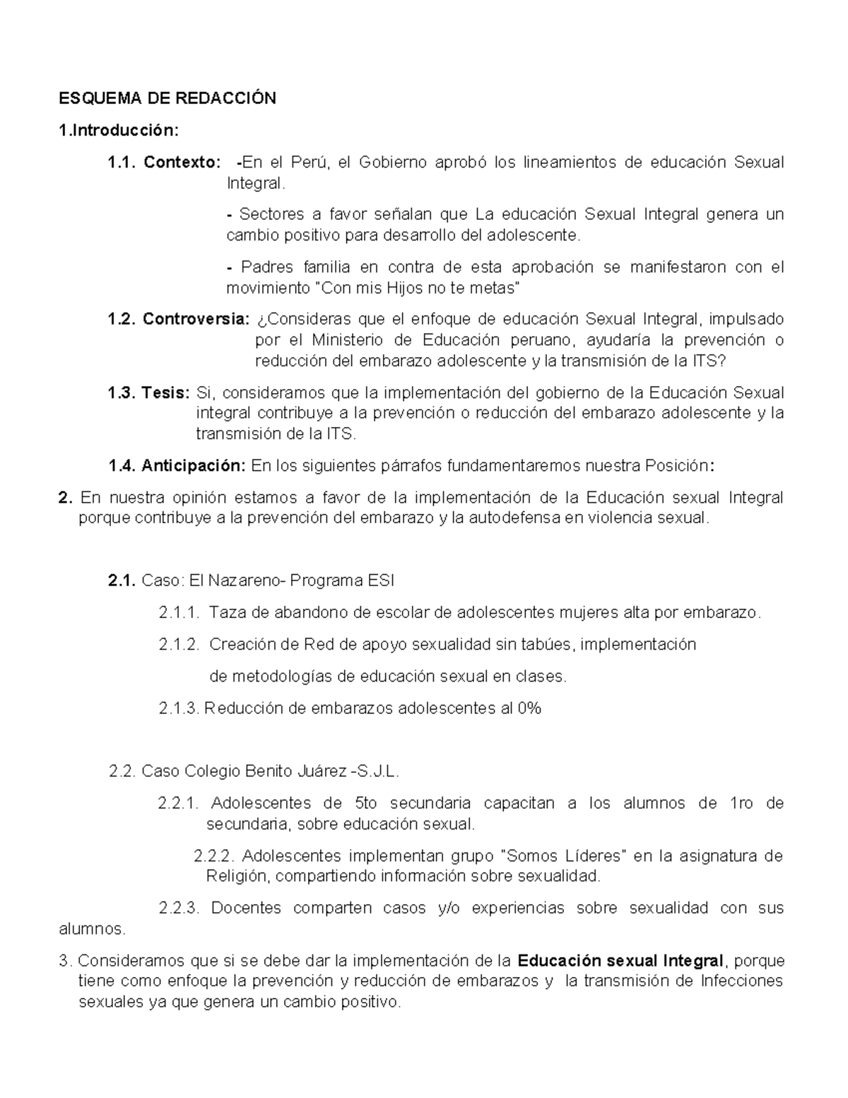Esquema y texto exam final reda - ESQUEMA DE REDACCIÓN 1ón: 1. Contexto: - En el Perú, el ...
