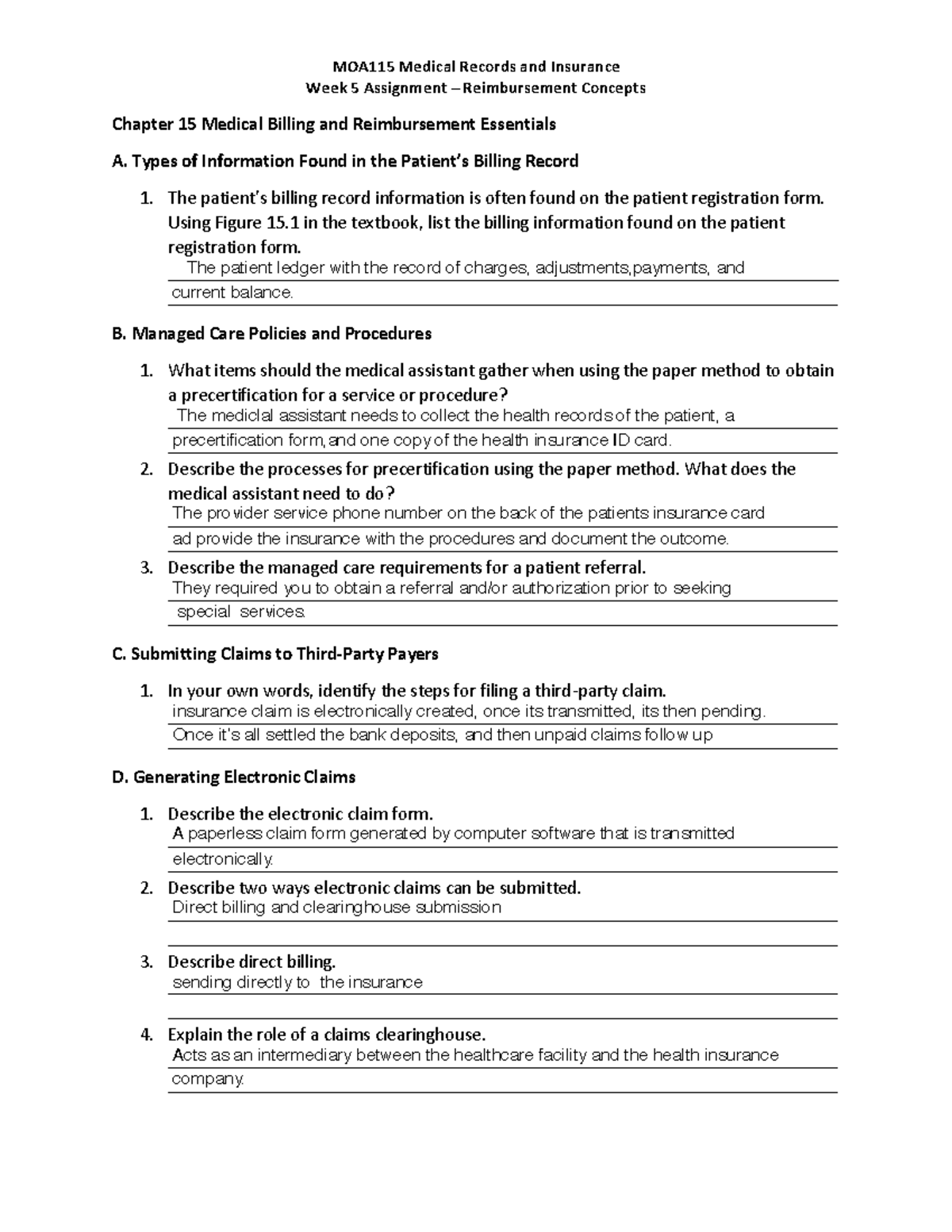 Week 5 Assignment Worksheet - MOA115 Medical Records and Insurance Week ...
