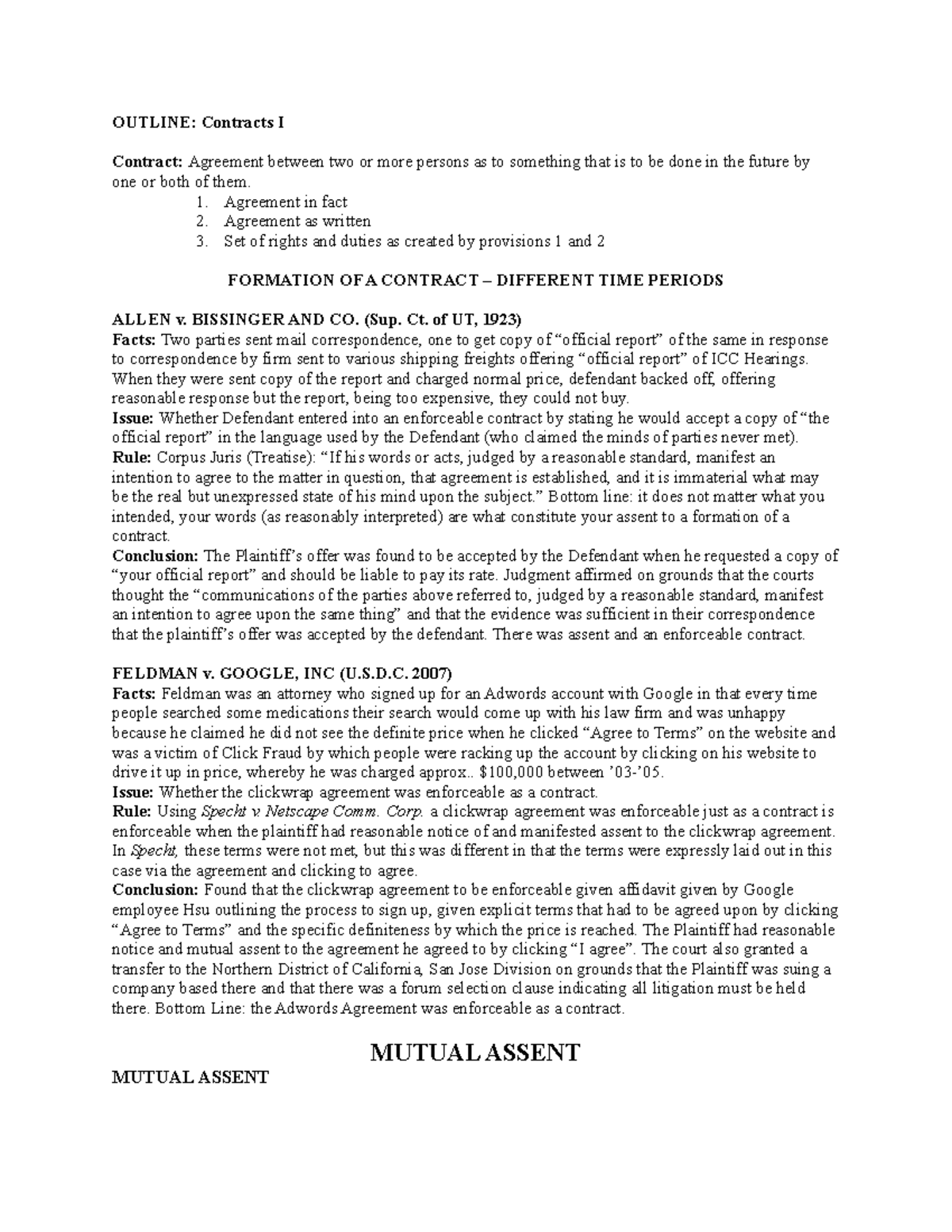 Contracts I outline - OUTLINE: Contracts I Contract: Agreement between ...