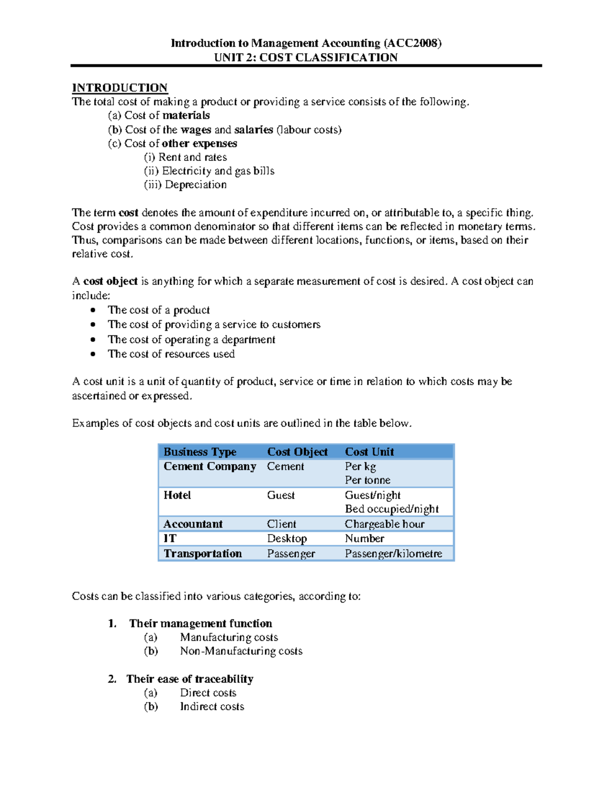 Unit 2 - Cost Classification [Notes] - Introduction to Management ...