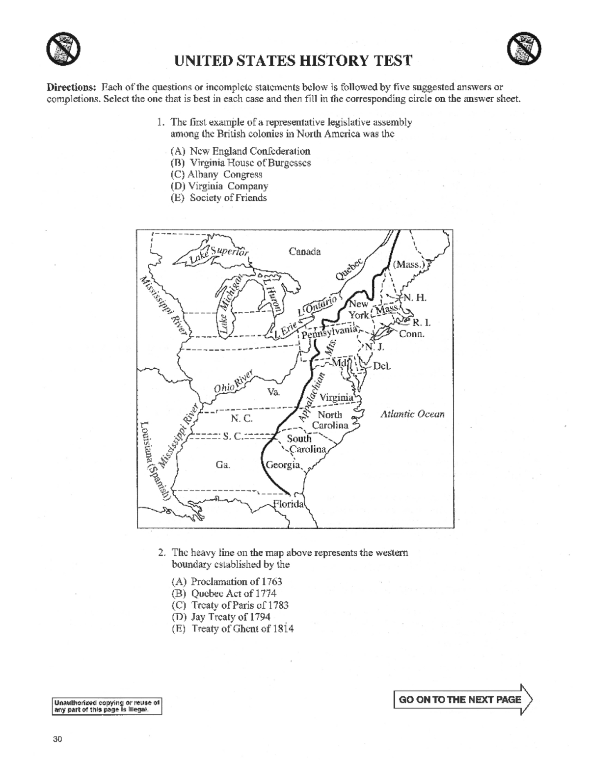 Test 1 - pracgtice test - UNITED STATES HISTORY TEST Directions: Each ...