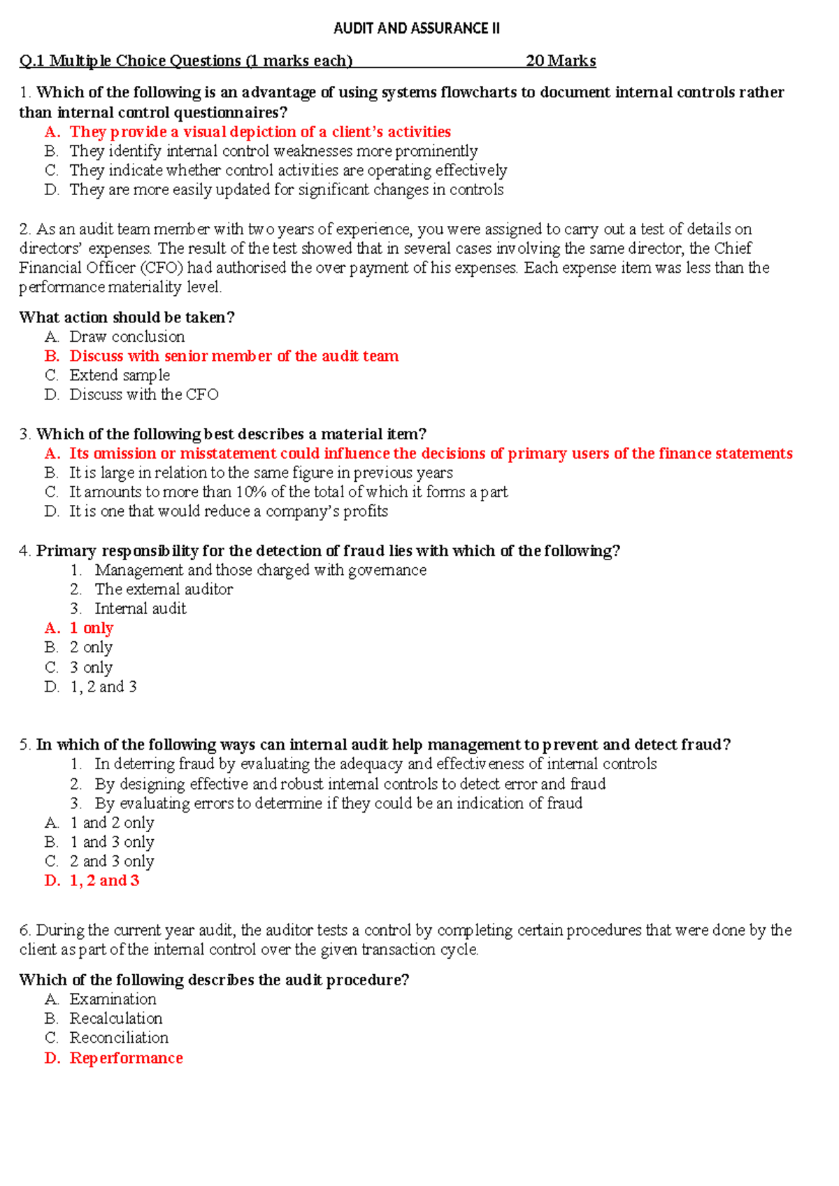 Audit AND Assurance I1 MCQ - AUDIT AND ASSURANCE II Q Multiple Choice Questions (1 marks each ...