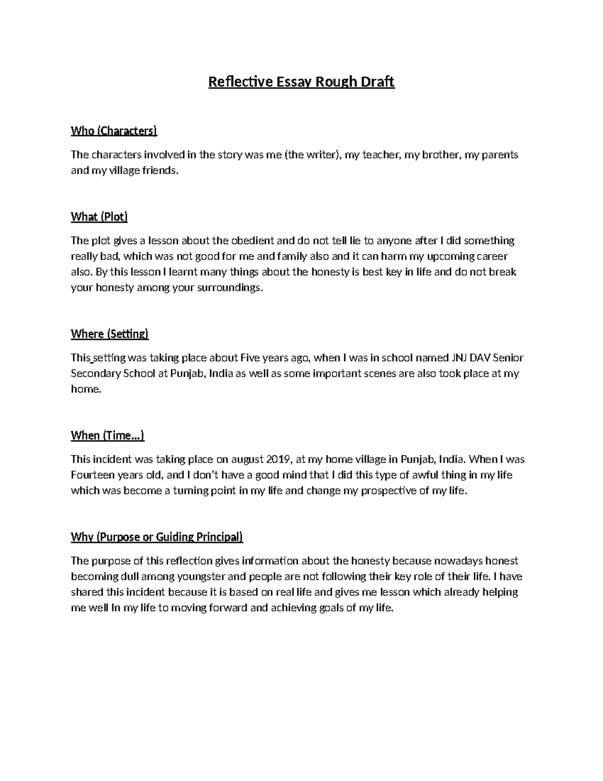 Reflective Essay Rough Draft - What (Plot) The plot gives a lesson ...