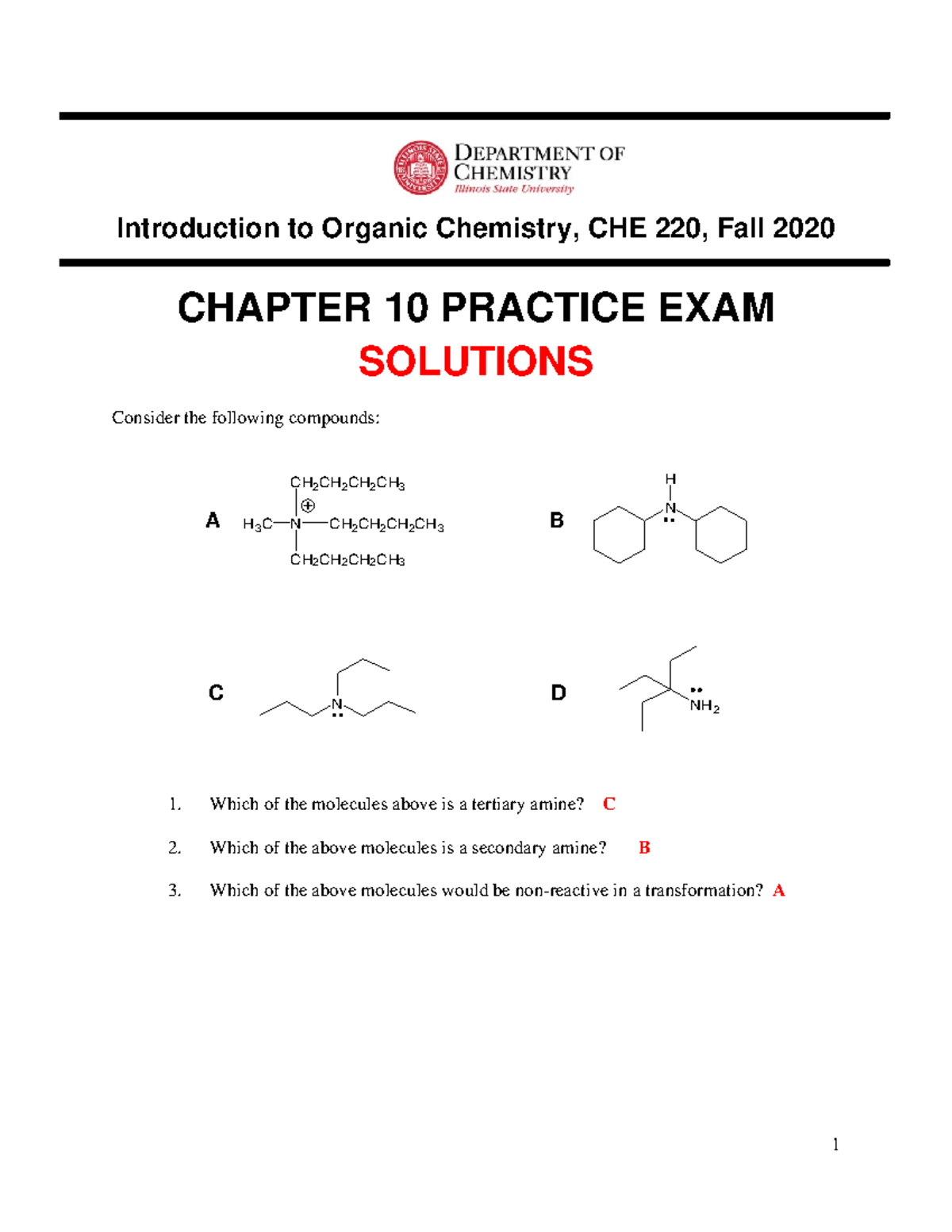 CHE 220 CH 10 Practice EXAM - Solutions - Introduction to Organic ...