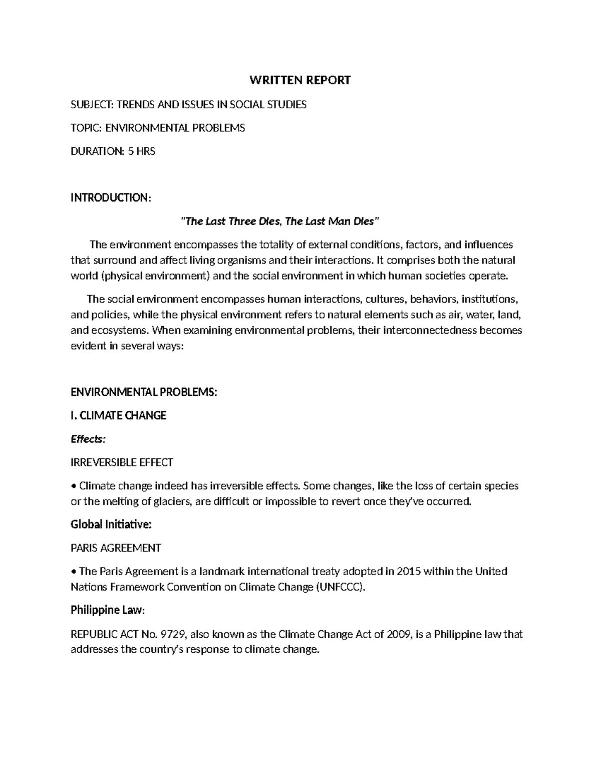 Written Reportenvironmental Problems SS 2 2 - WRITTEN REPORT SUBJECT ...