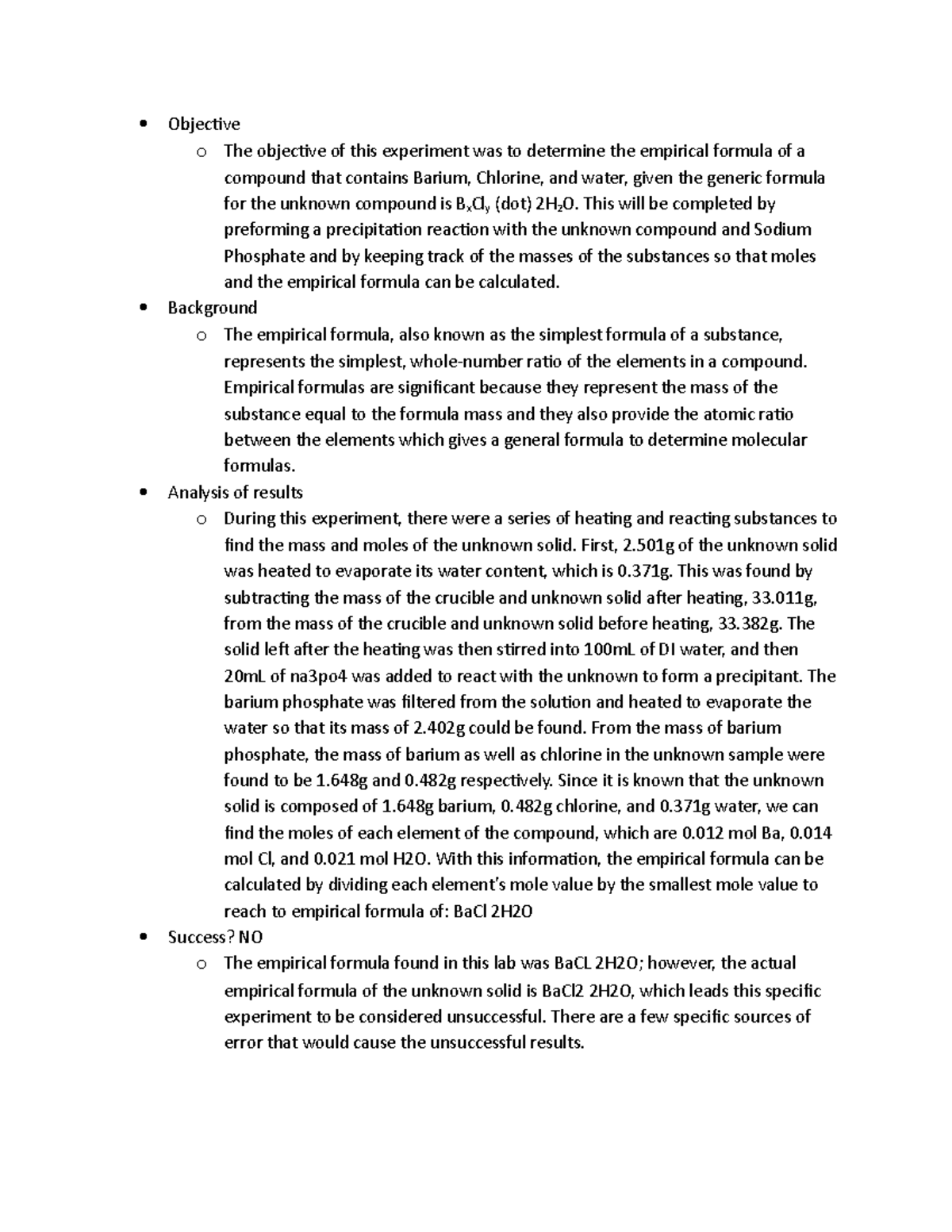 Experiment 2 Empirical Formula of a Compound - Objective o The ...